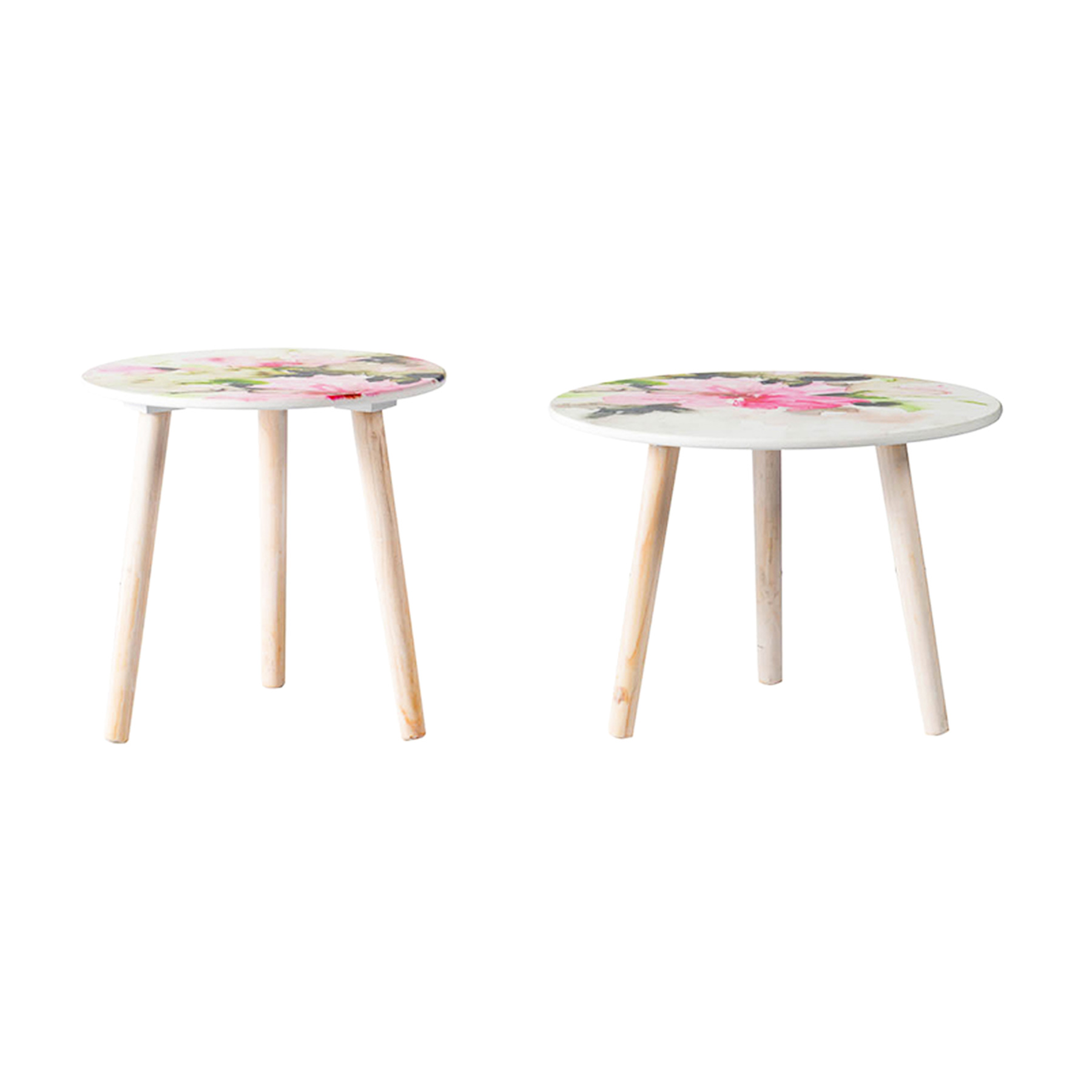 Nature Inspired Side Tables Pair - Watercolor Floral Tops, Pink & White ...