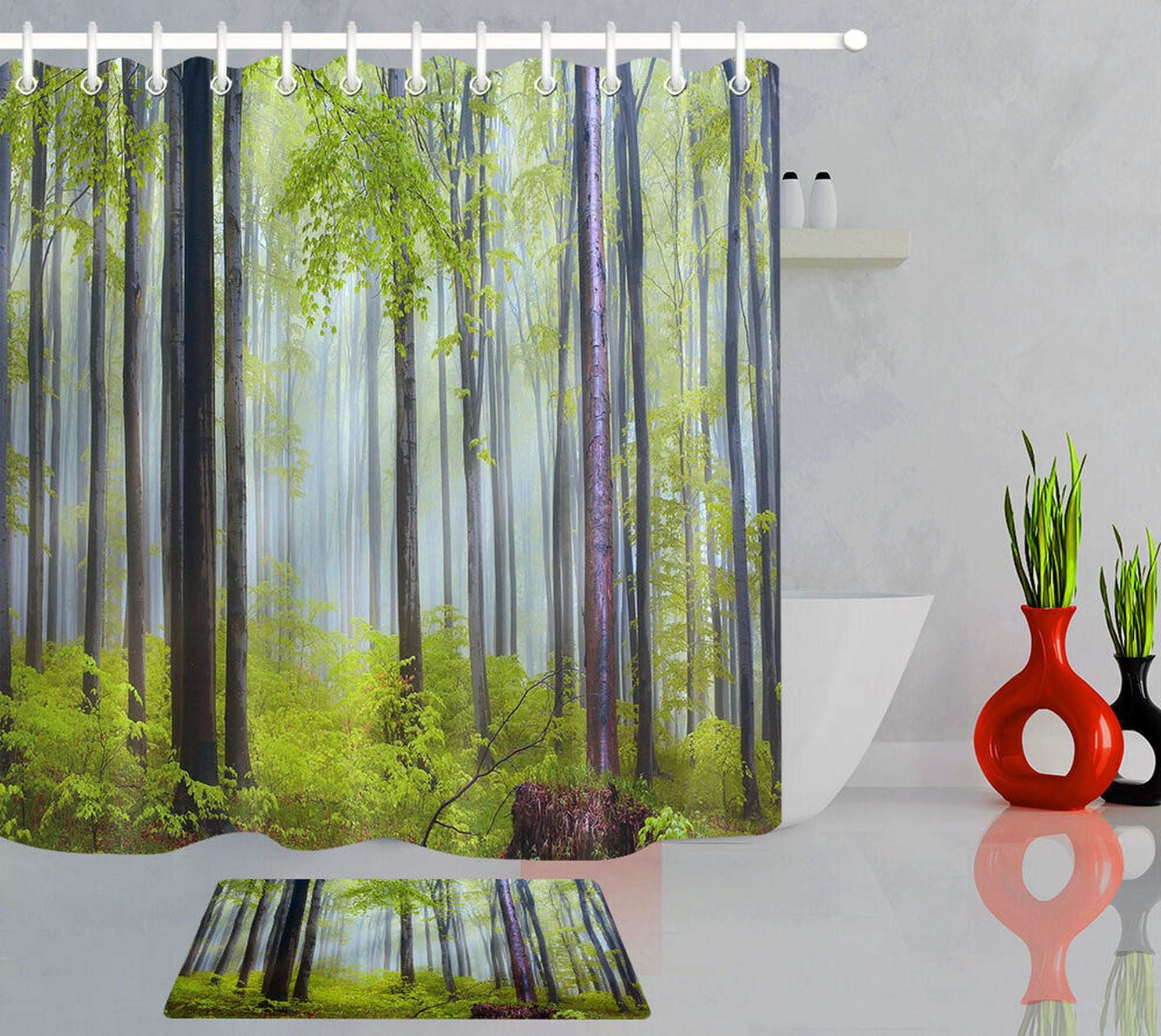 Watercolor Spring Forest Green Trees Fabric Shower Curtain Bathroom ...