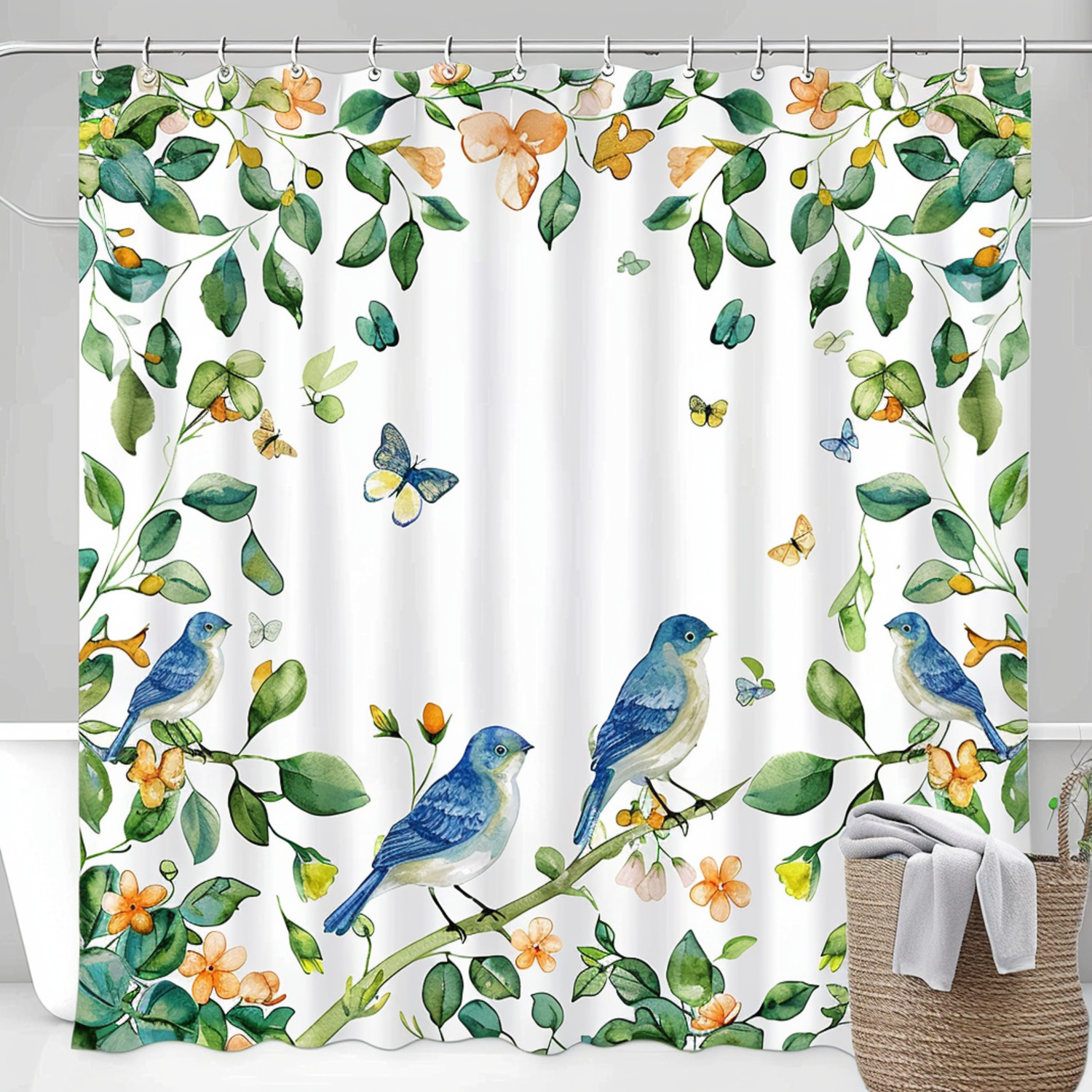 Nature-Inspired Watercolor Shower Curtain with Blue Birds Green Leaves and Yellow Butterflies ...