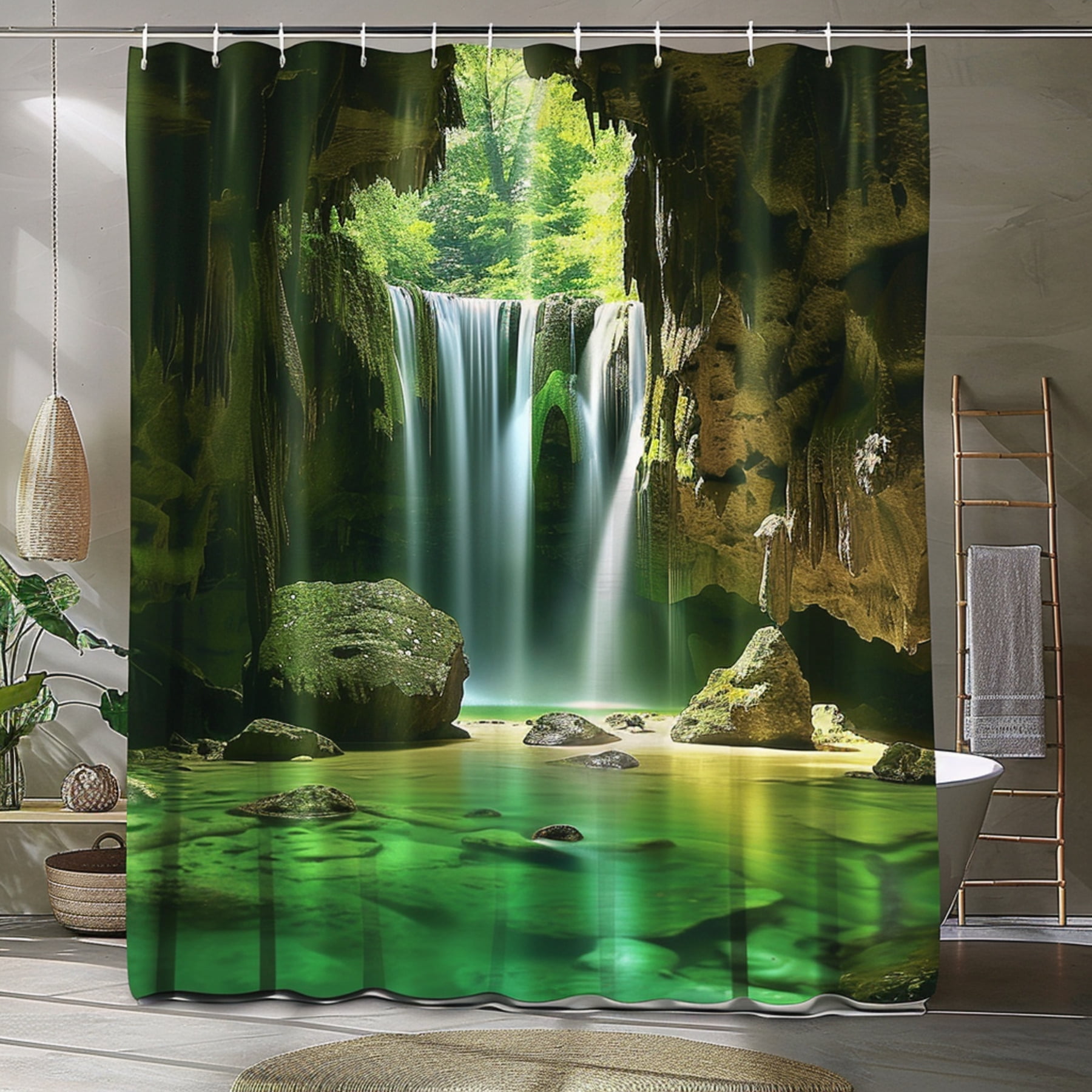 Nature Inspired Waterfall Cave Shower Curtain Green Water Bathroom ...