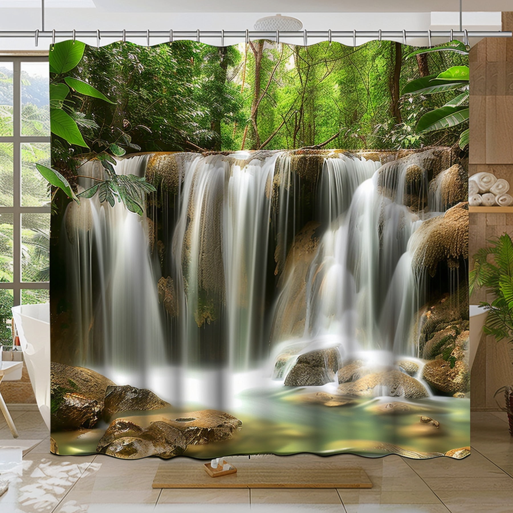 Nature Inspired Waterfall Shower Curtain with Green Leaves and Rocks ...
