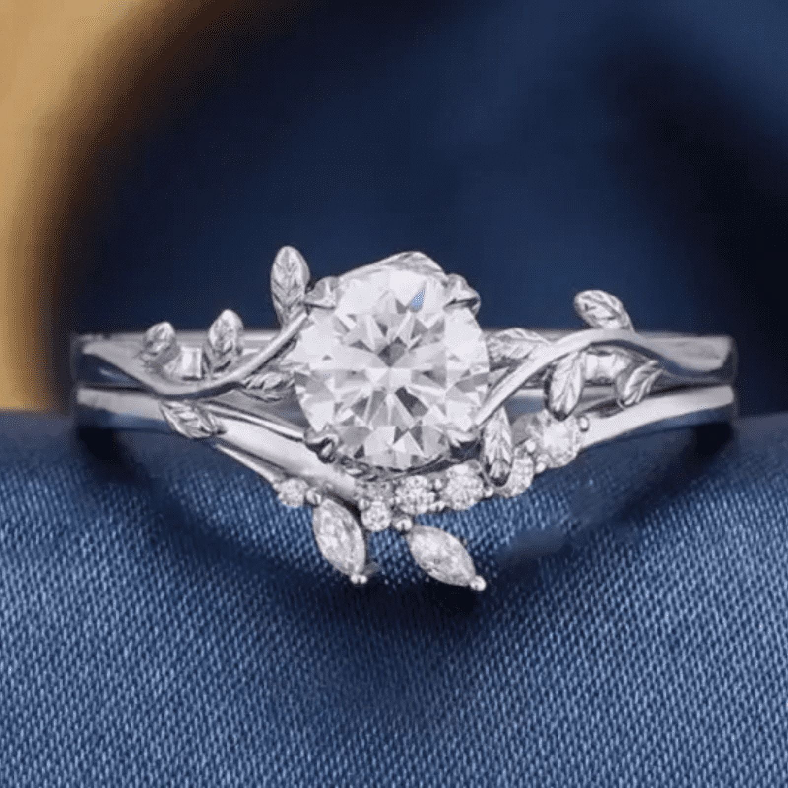 Nature Inspired Wedding Ring Set- Leaf Wine Round Cut Diamond Ring in ...