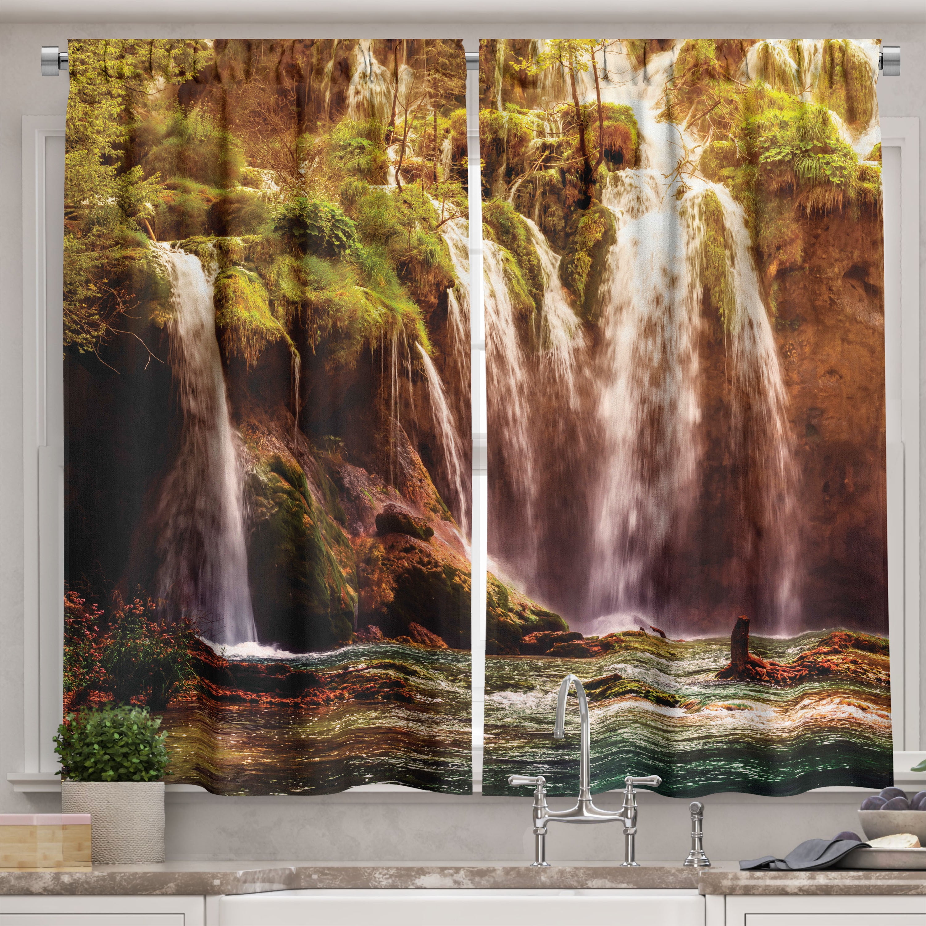 Nature Kitchen Curtains, Waterfall Cascade Forest Tree Moss Lake Stones ...