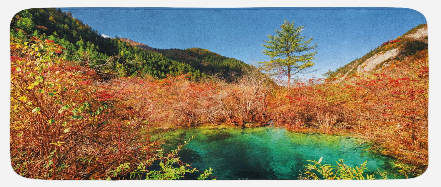 Nature Kitchen Mat, Idyllic Fall Landscape with a Creek Among the ...