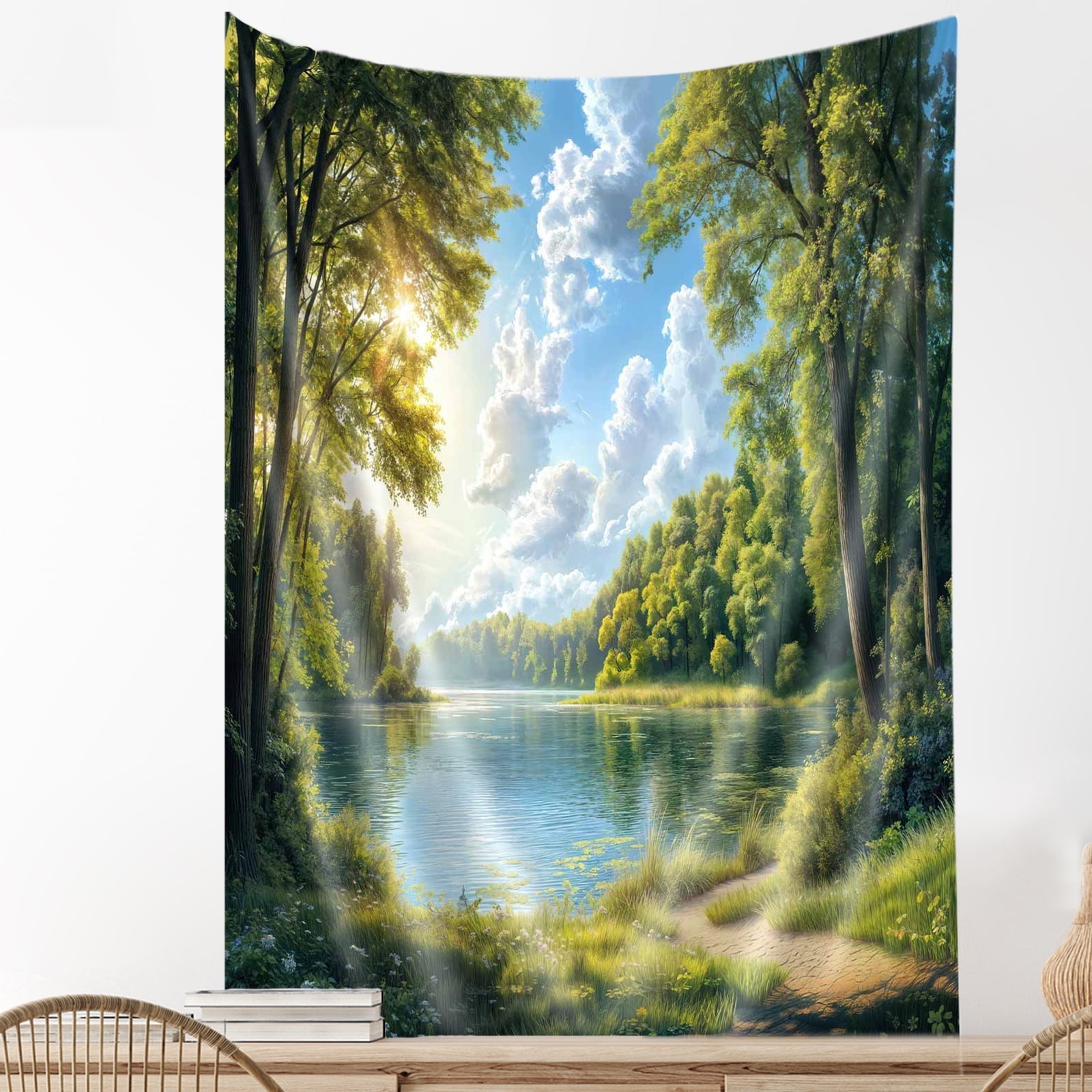 Nature Lake Forest Tapestry,Park Scenery Water Tree Sky Cloud Wall ...