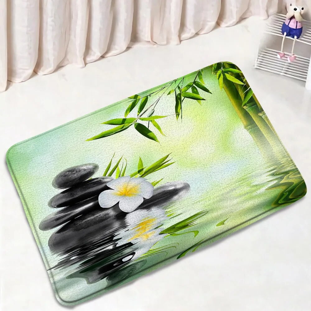 Nature Landscape Bath Mat Set Ocean Beach Palm Trees Zen Green Bamboo ...