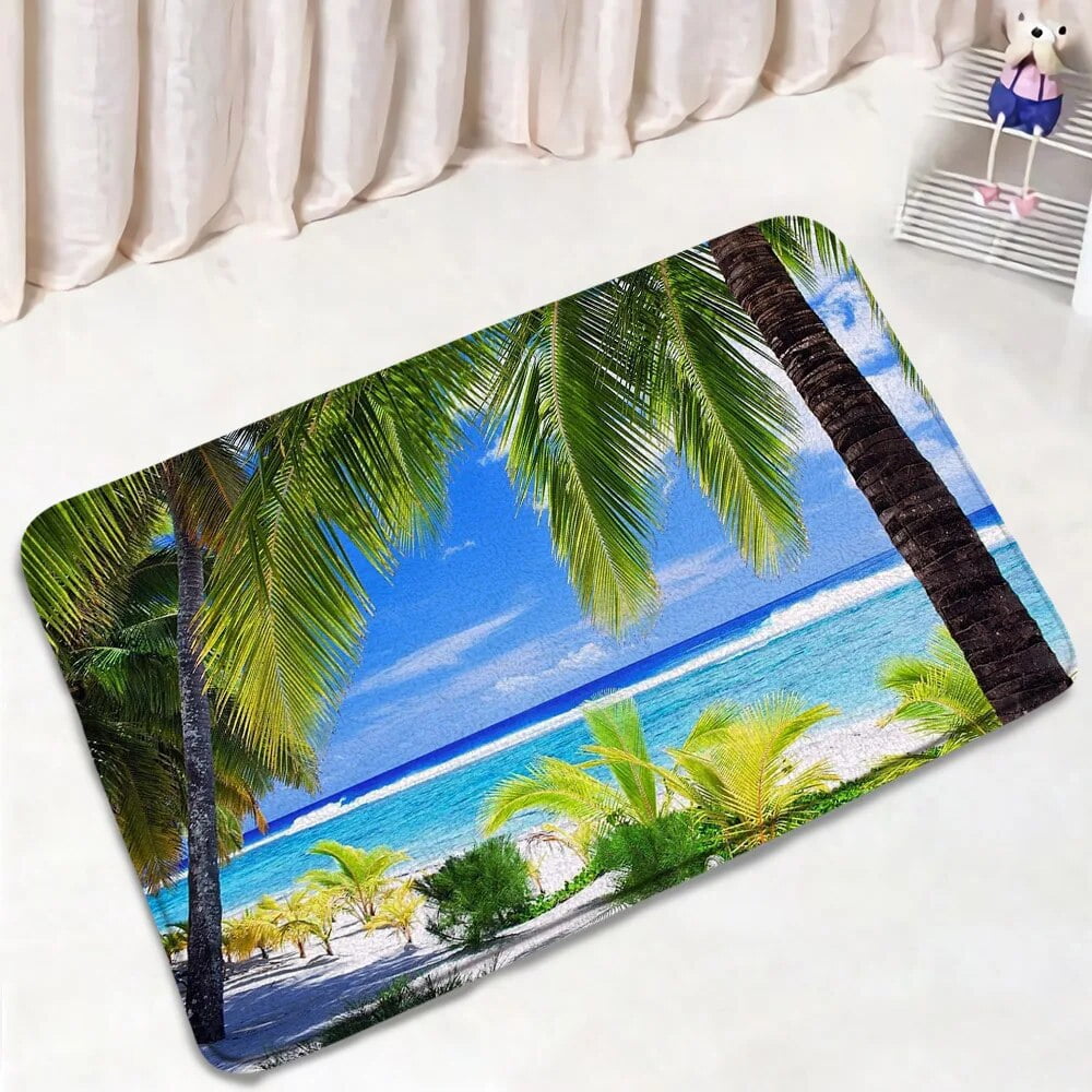 Nature Landscape Bath Mat Set Ocean Beach Palm Trees Zen Green Bamboo ...