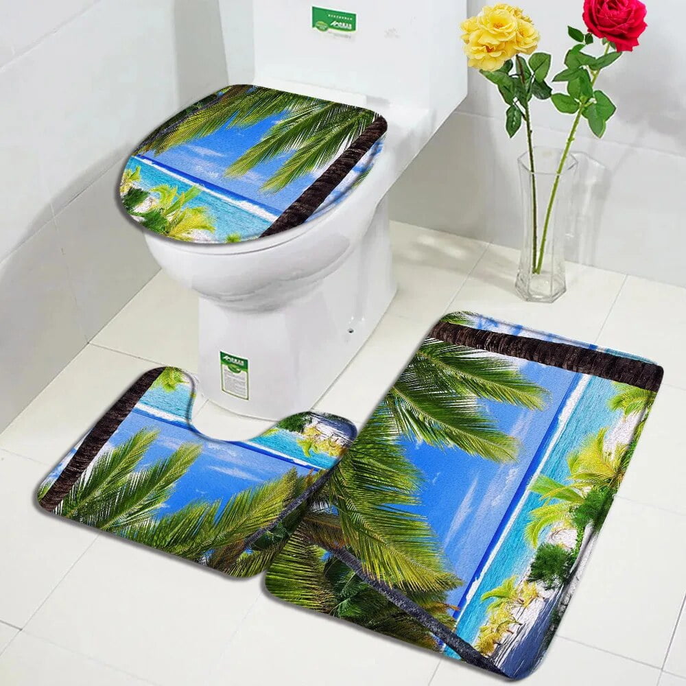 Nature Landscape Bath Mat Set Ocean Beach Palm Trees Zen Green Bamboo ...