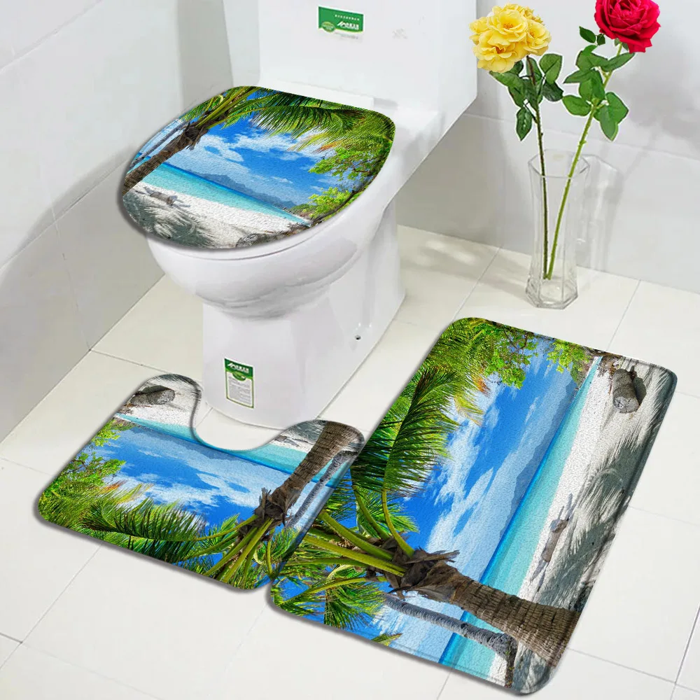 Nature Landscape Bath Mat Set Ocean Beach Palm Trees Zen Green Bamboo ...
