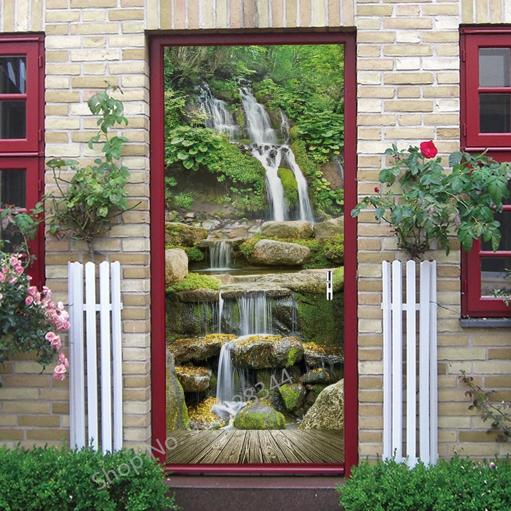 Nature Landscape Door Sticker Jungle Forest Waterfall Flowing Water ...