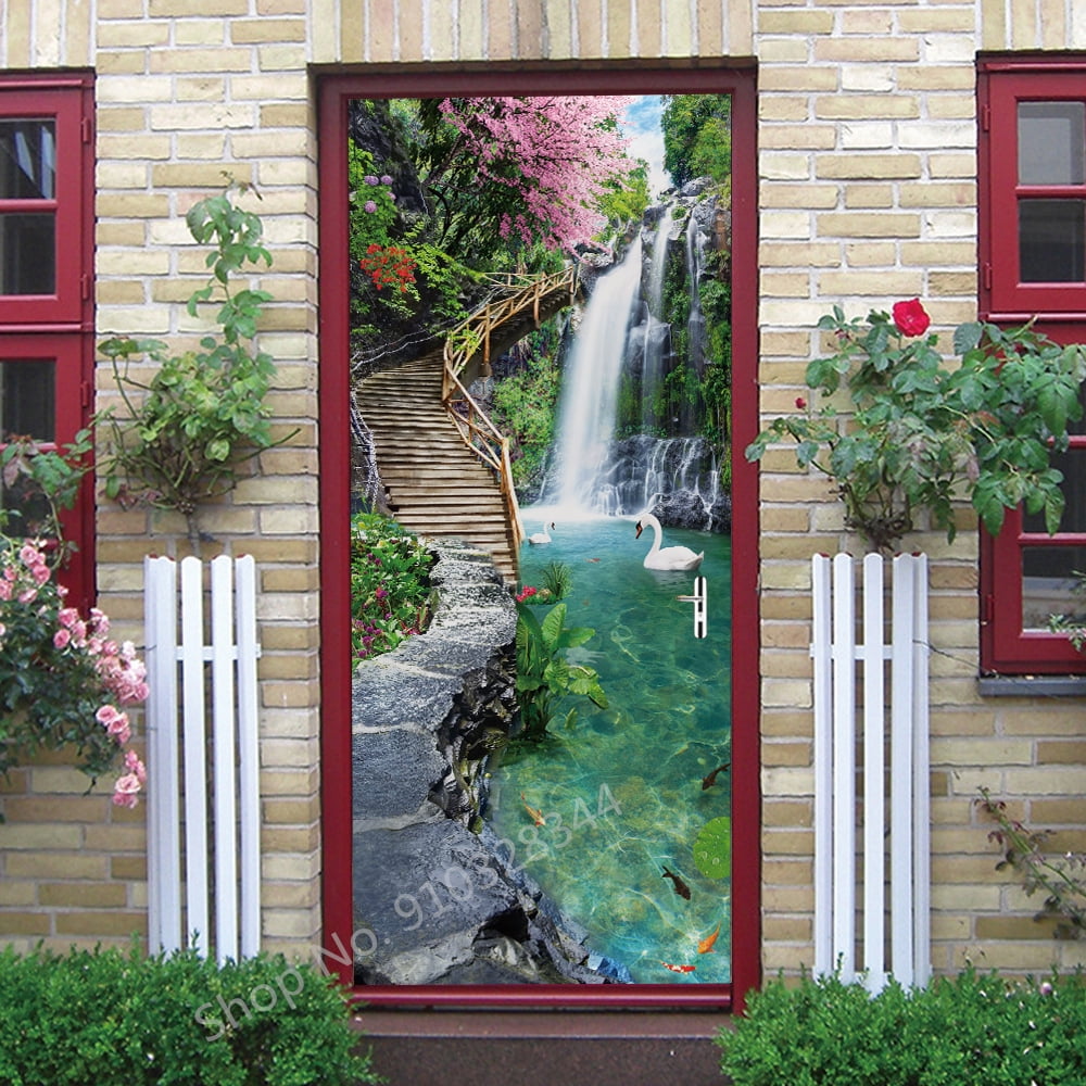 Nature Landscape Door Sticker Jungle Forest Waterfall Flowing Water ...