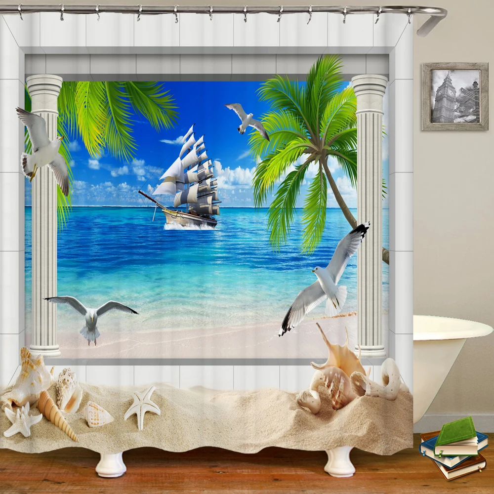 Nature Landscape Shower Curtain 3D Dolphin Shell Beach Scenery Bathroom Home r Waterproof ...