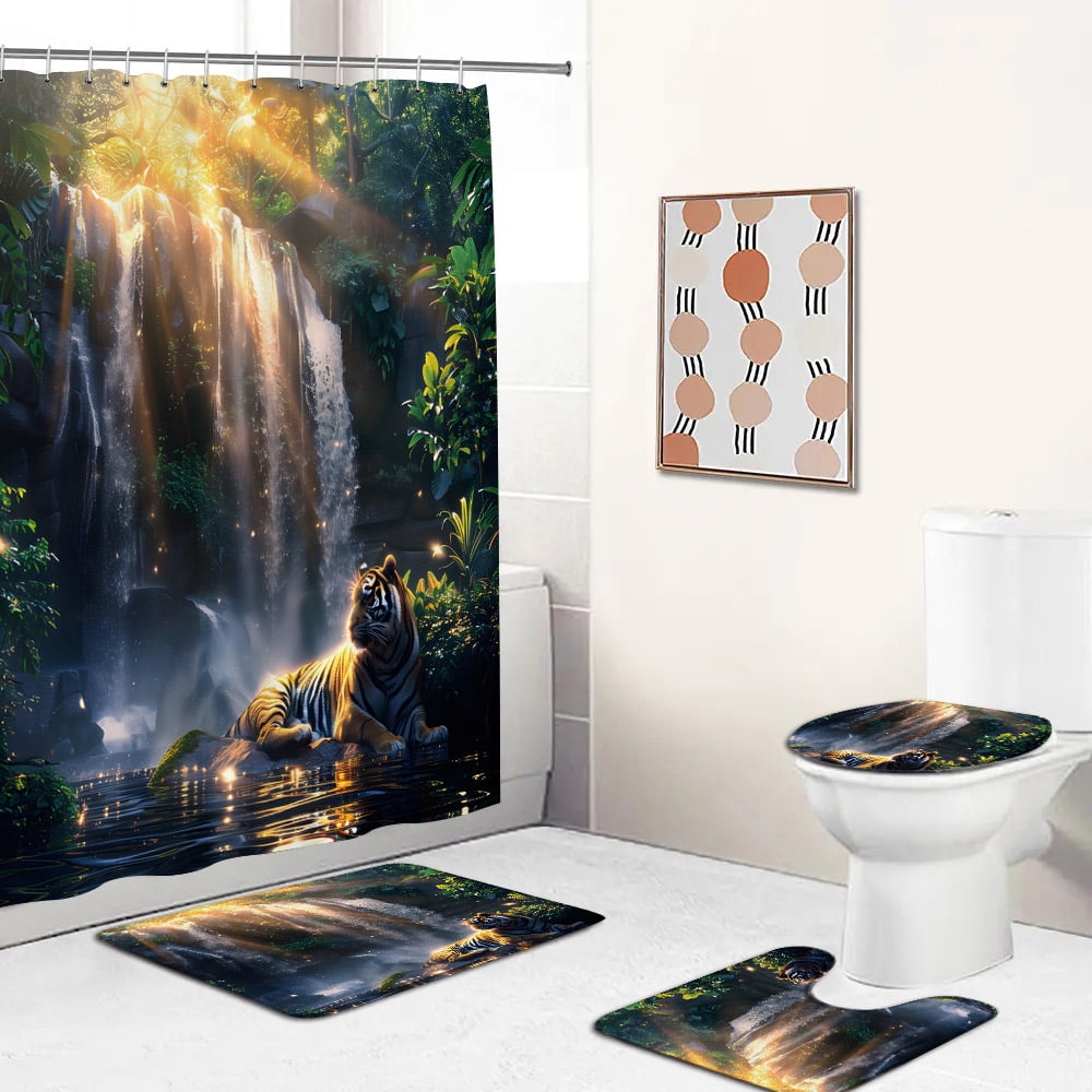 Nature Landscape Shower Curtain Set Forest Stream Floral Bathroom r ...