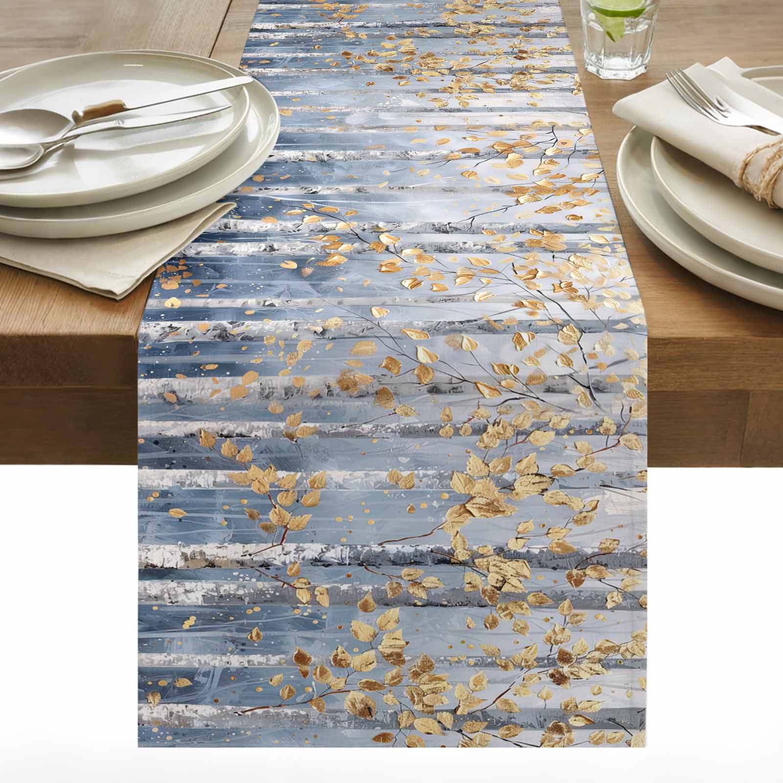 Nature Landscape Table Runner 13x120 inch Birch Leaves Yellow Oil ...