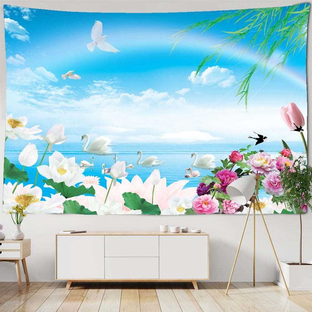 Nature Landscape Tapestry High Mountain With Waterfall Birds Sunset ...