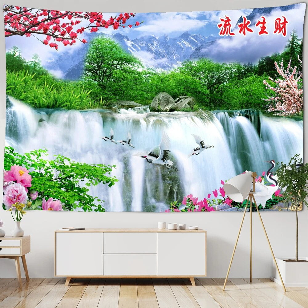 Nature Landscape Tapestry High Mountain With Waterfall Birds Sunset ...