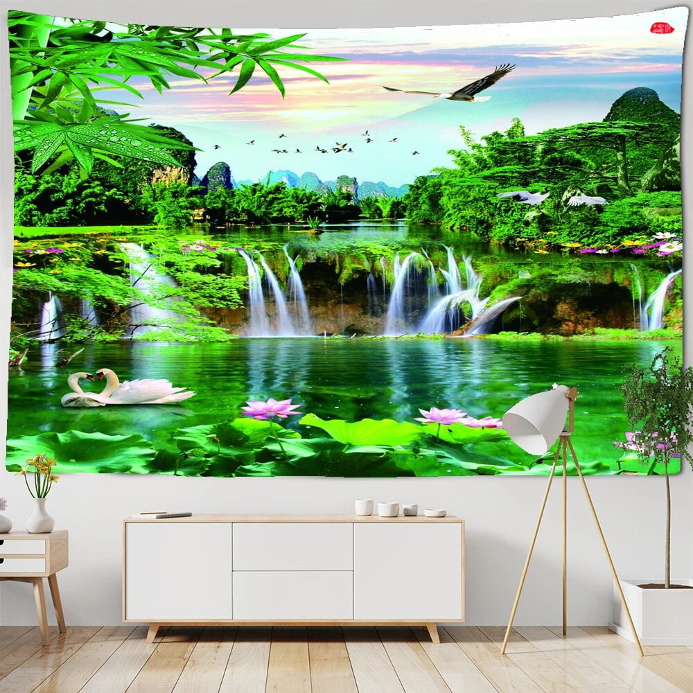 Nature Landscape Tapestry High Mountain With Waterfall Birds Sunset ...