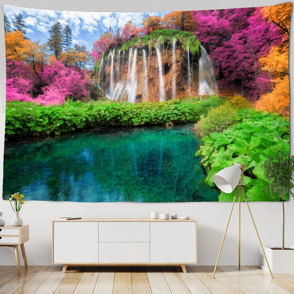 Nature Landscape Tapestry High Mountain With Waterfall Birds Sunset ...
