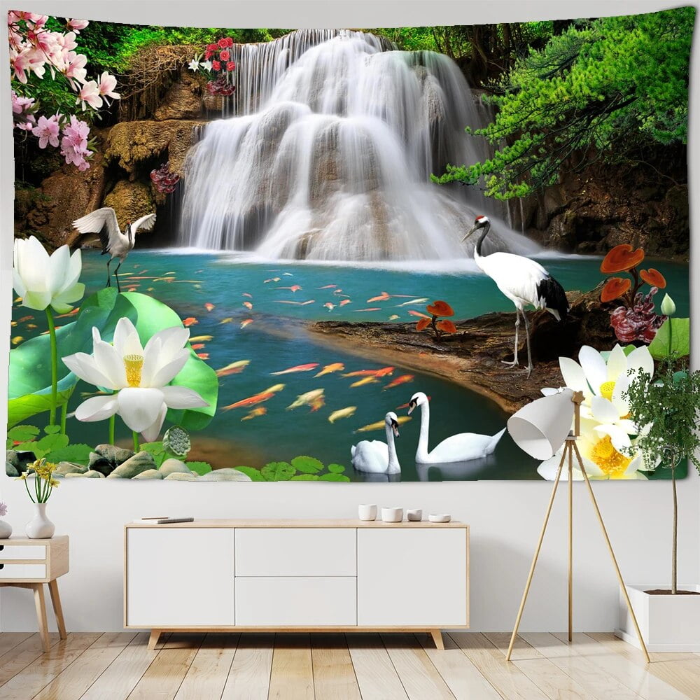 Nature Landscape Tapestry High Mountain With Waterfall Birds Sunset ...