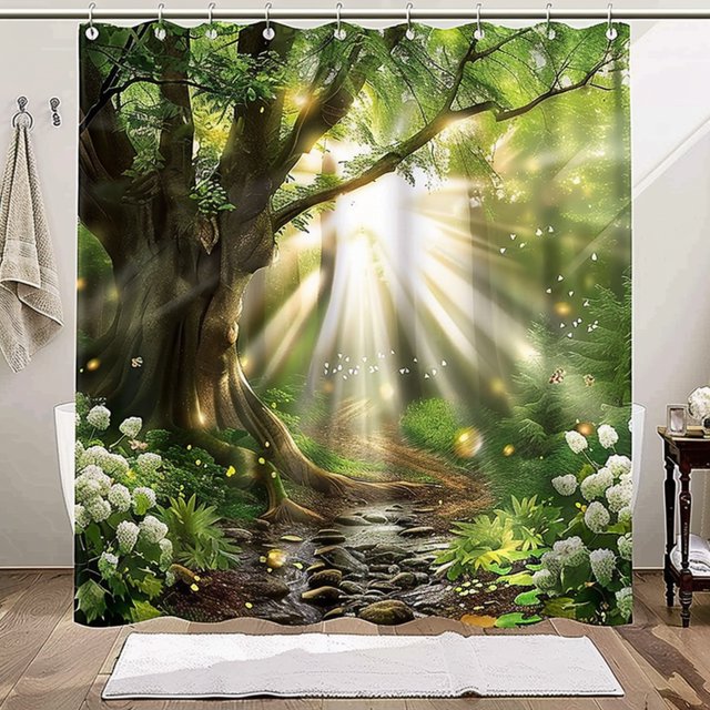 Nature Landscape Tree Path Forest Bathroom Shower Curtain White Flowers ...
