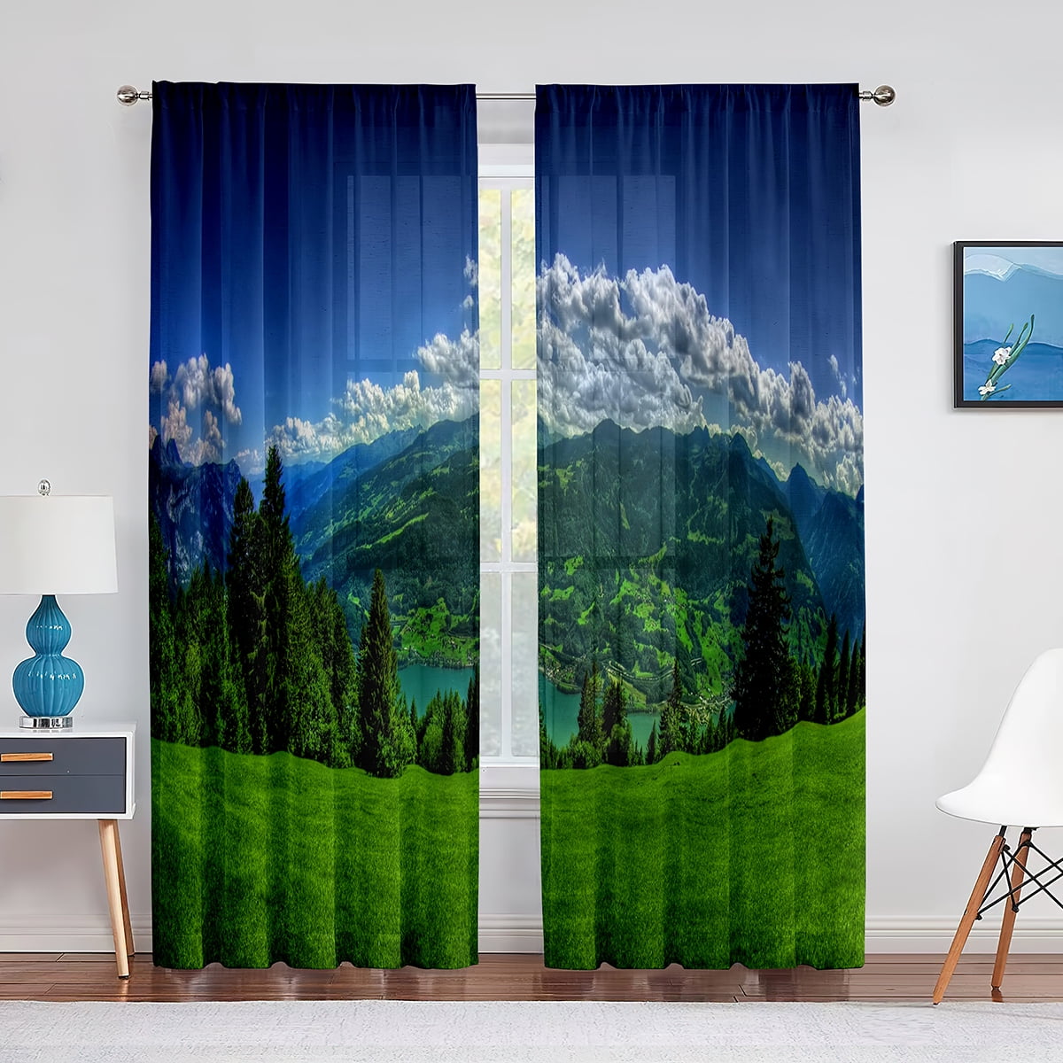 Nature Landscape Tulle Curtains Waterfall Lake Mountains Sunrise Sheer ...