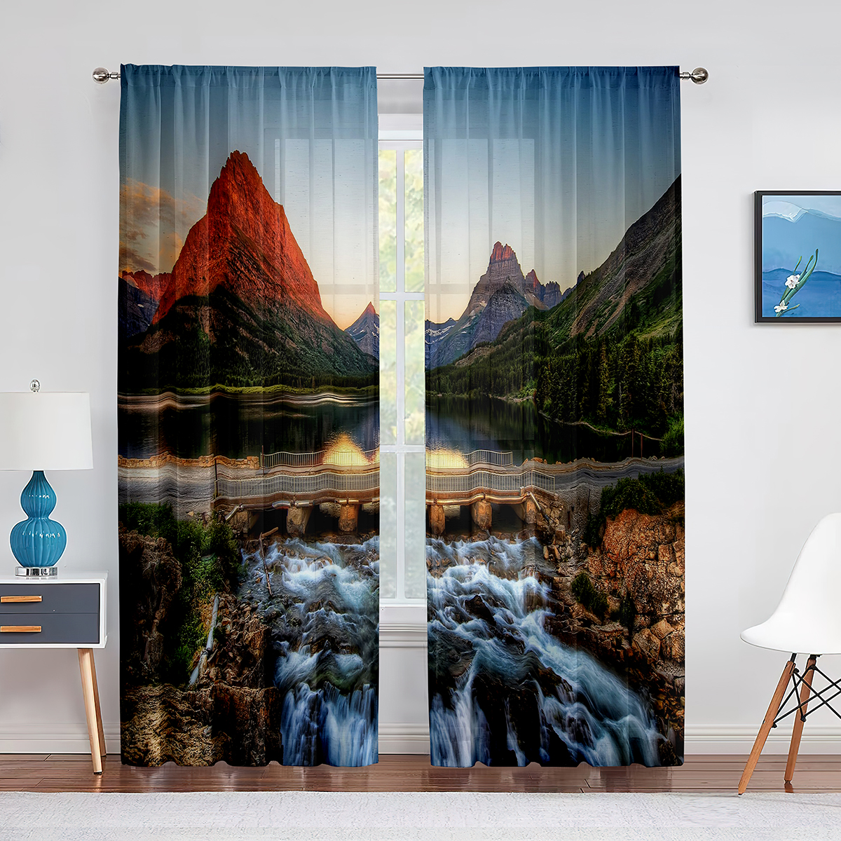 Nature Landscape Tulle Curtains Waterfall Lake Mountains Sunrise Sheer ...