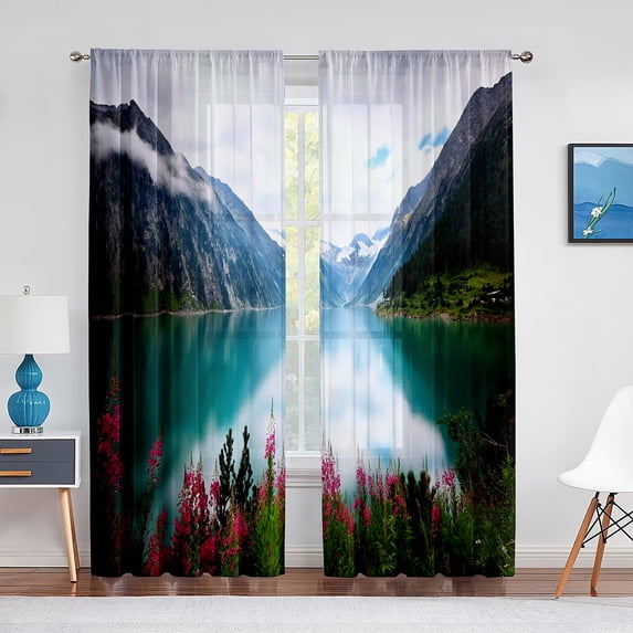 Nature Landscape Tulle Curtains Waterfall Lake Mountains Sunrise Sheer ...