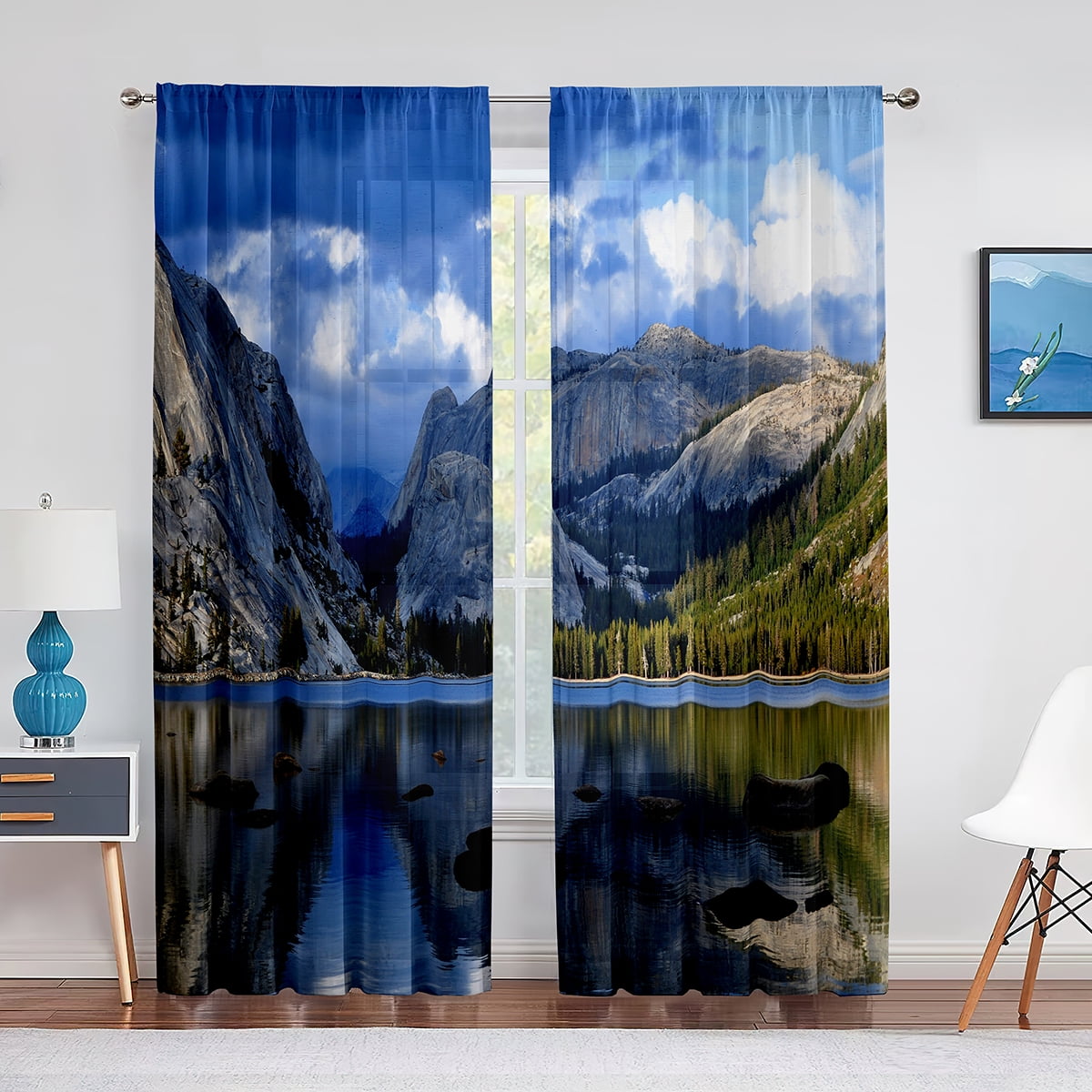 Nature Landscape Tulle Curtains Waterfall Lake Mountains Sunrise Sheer ...
