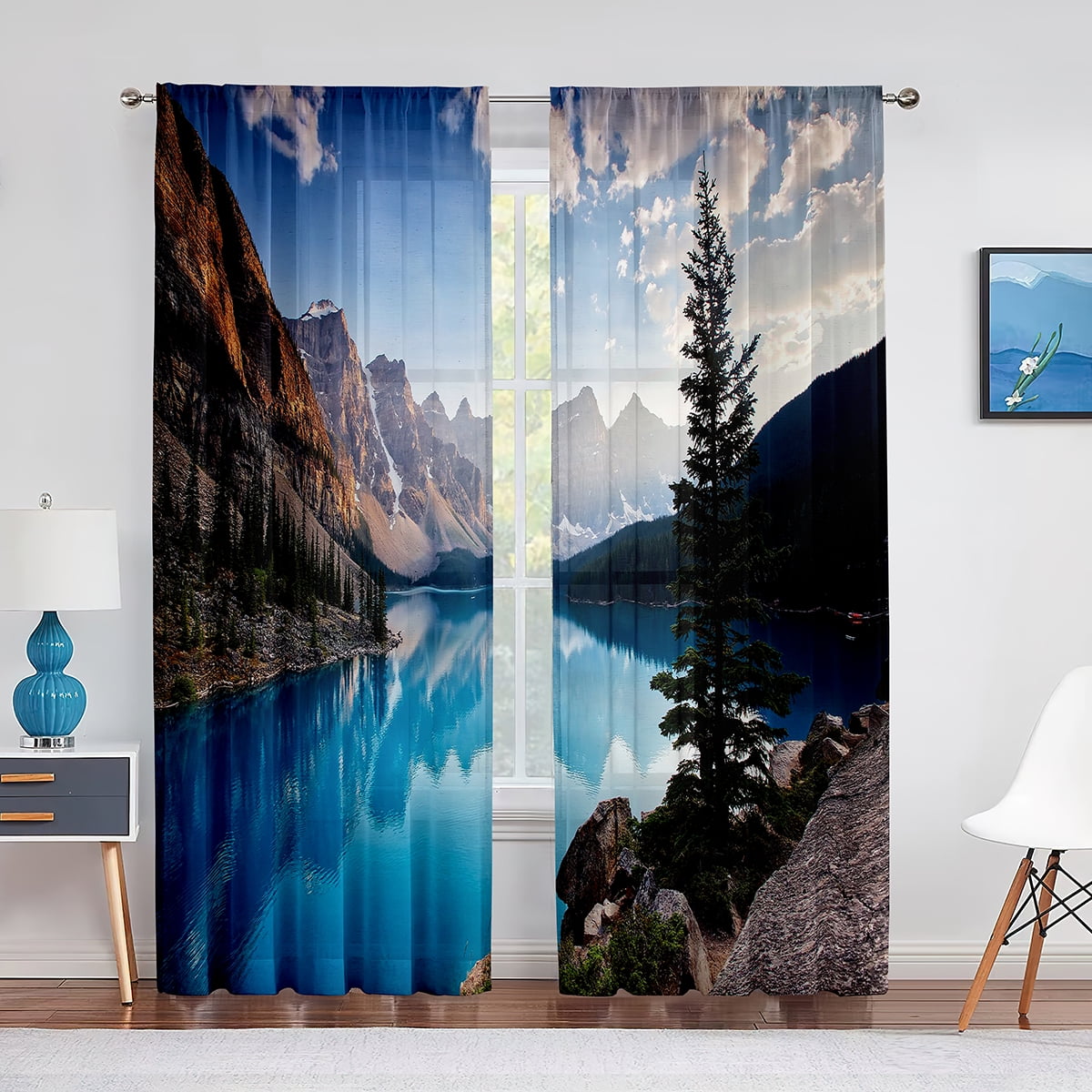 Nature Landscape Tulle Curtains Waterfall Lake Mountains Sunrise Sheer ...