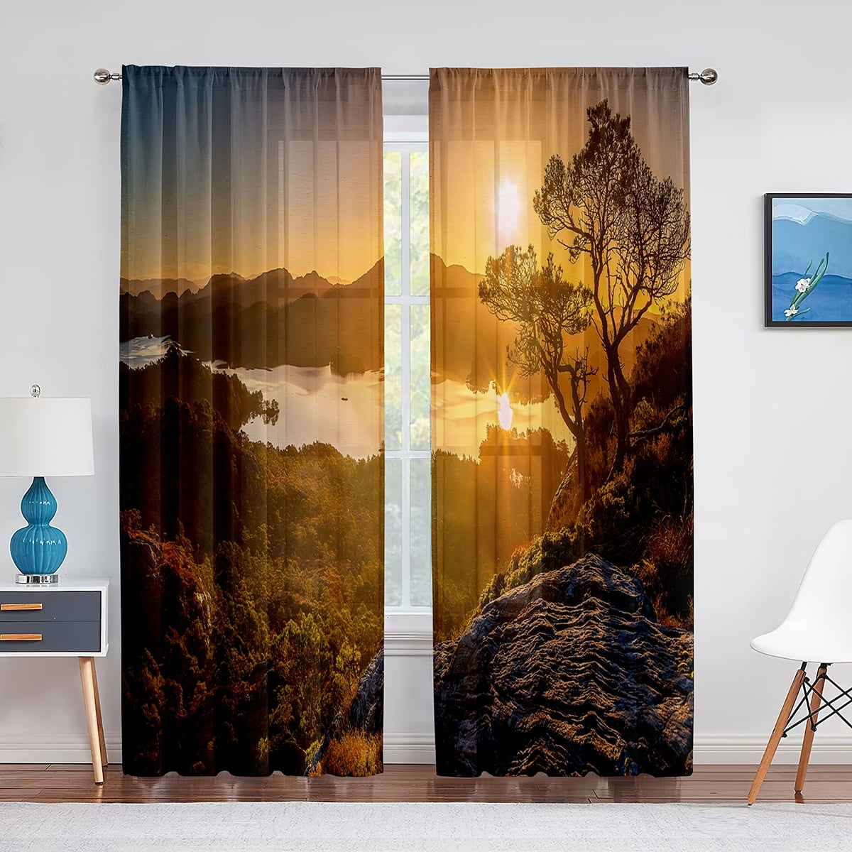 Nature Landscape Tulle Curtains Waterfall Lake Mountains Sunrise Sheer ...