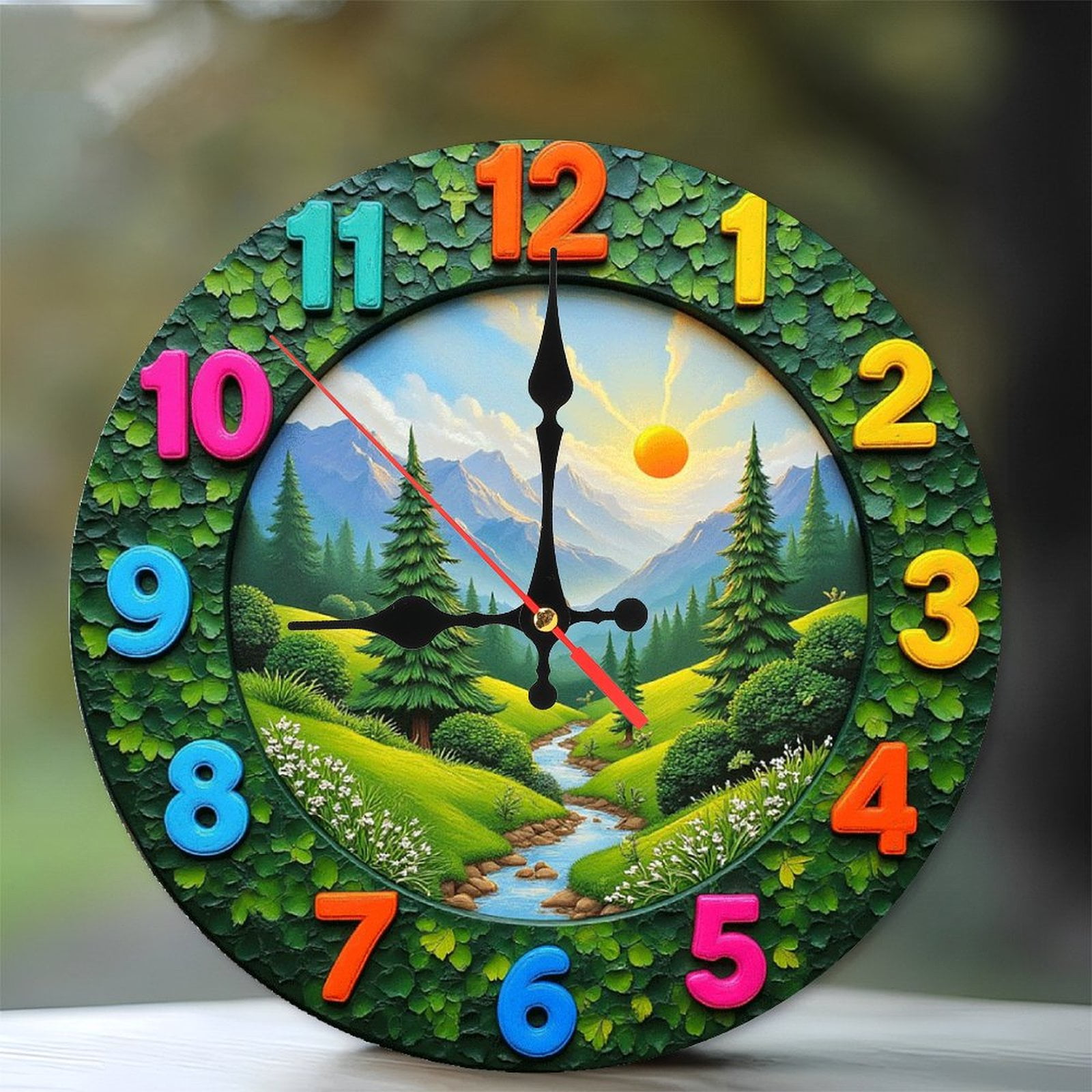 Nature Landscape Wall Clock Colorful Design 10-Inch Silent Wooden Wall ...