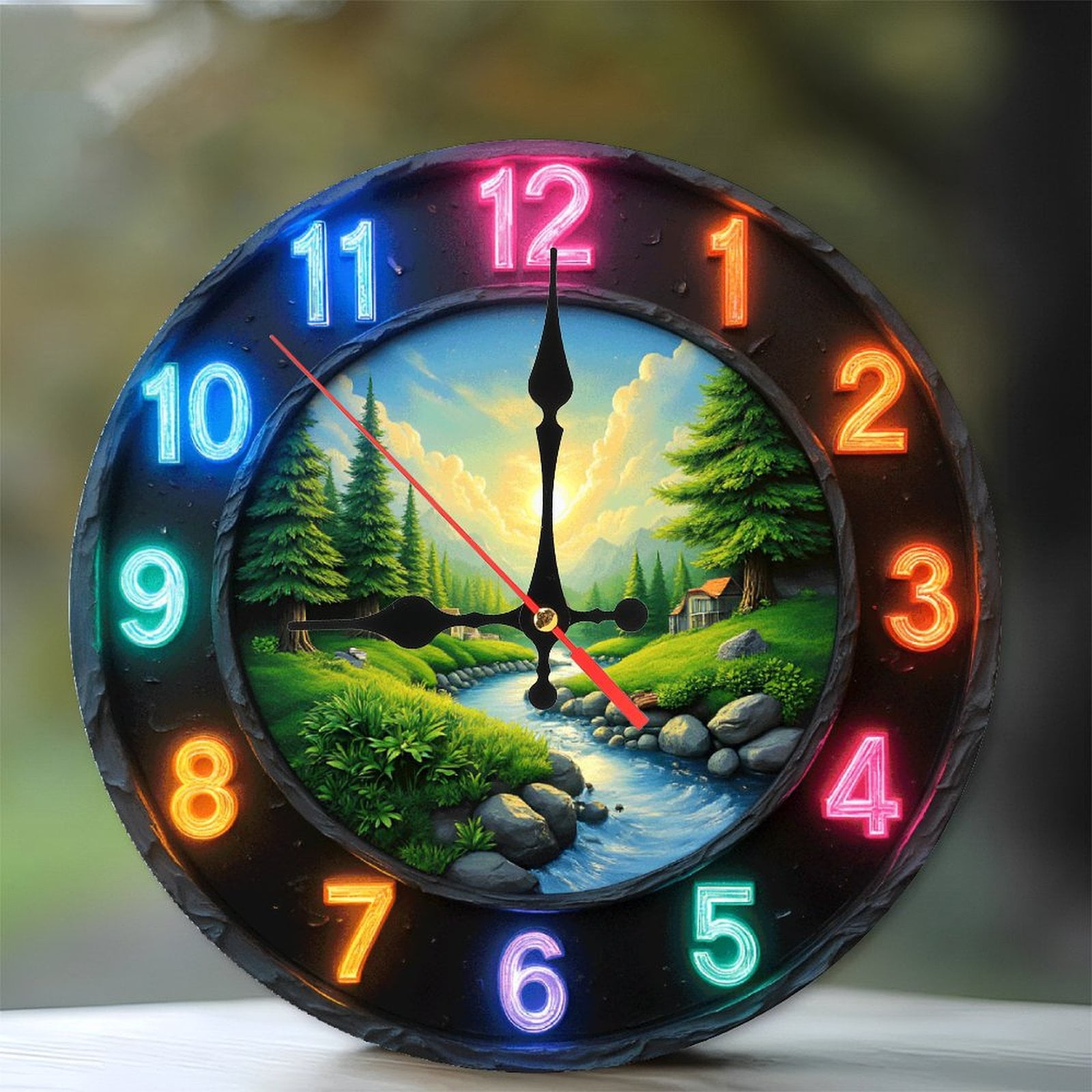 Nature Landscape Wall Clock with Colorful LED Lights(1) 10-Inch Silent ...