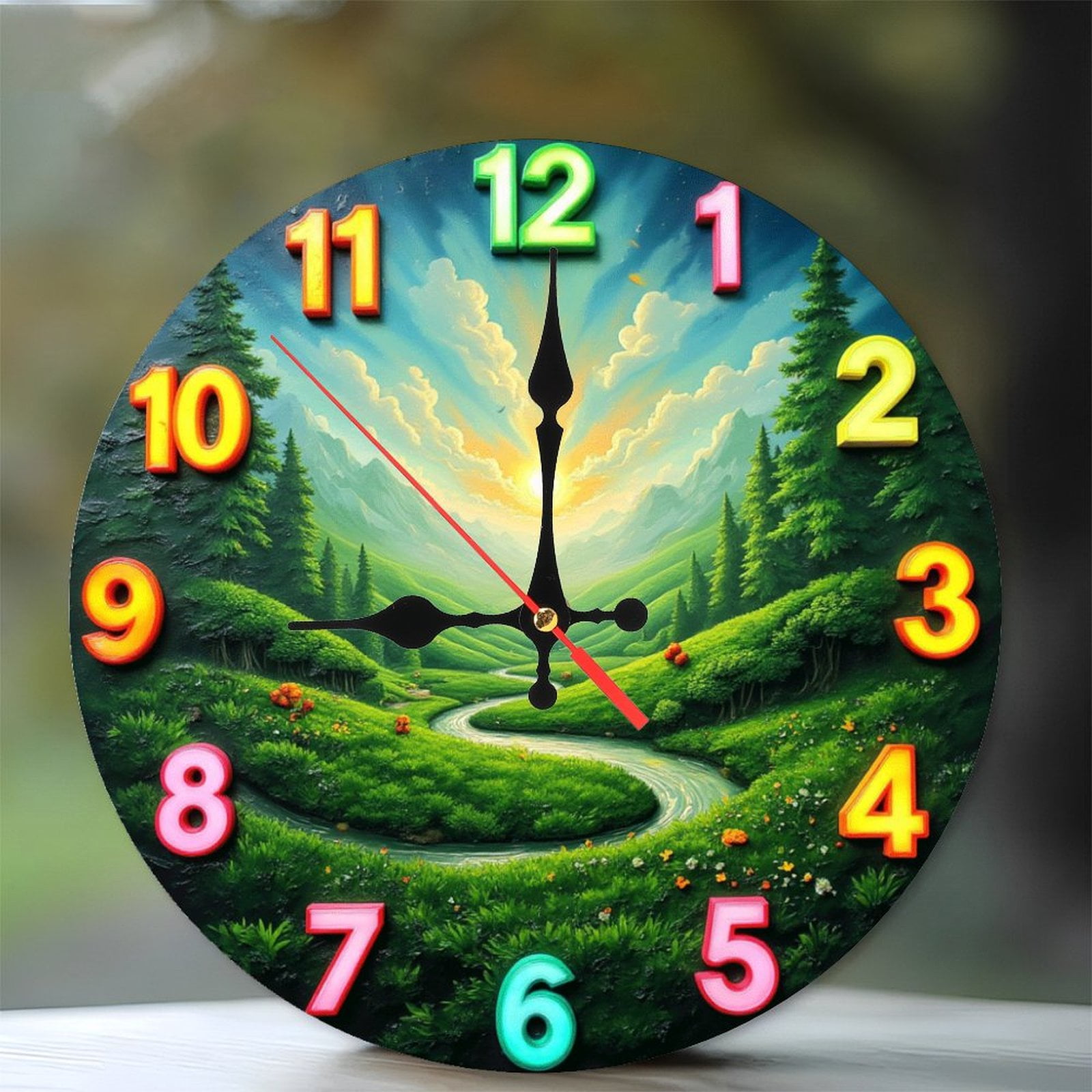 Nature Landscape Wall Clock with Colorful Numbers 10-Inch Silent Wooden ...