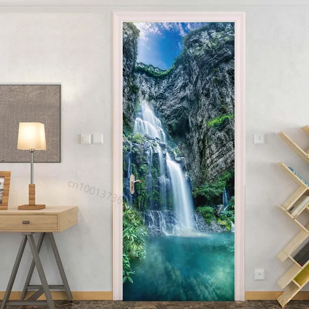 Nature Landscape Waterfall 3D Door Mural Sticker Adhesive Waterproof ...
