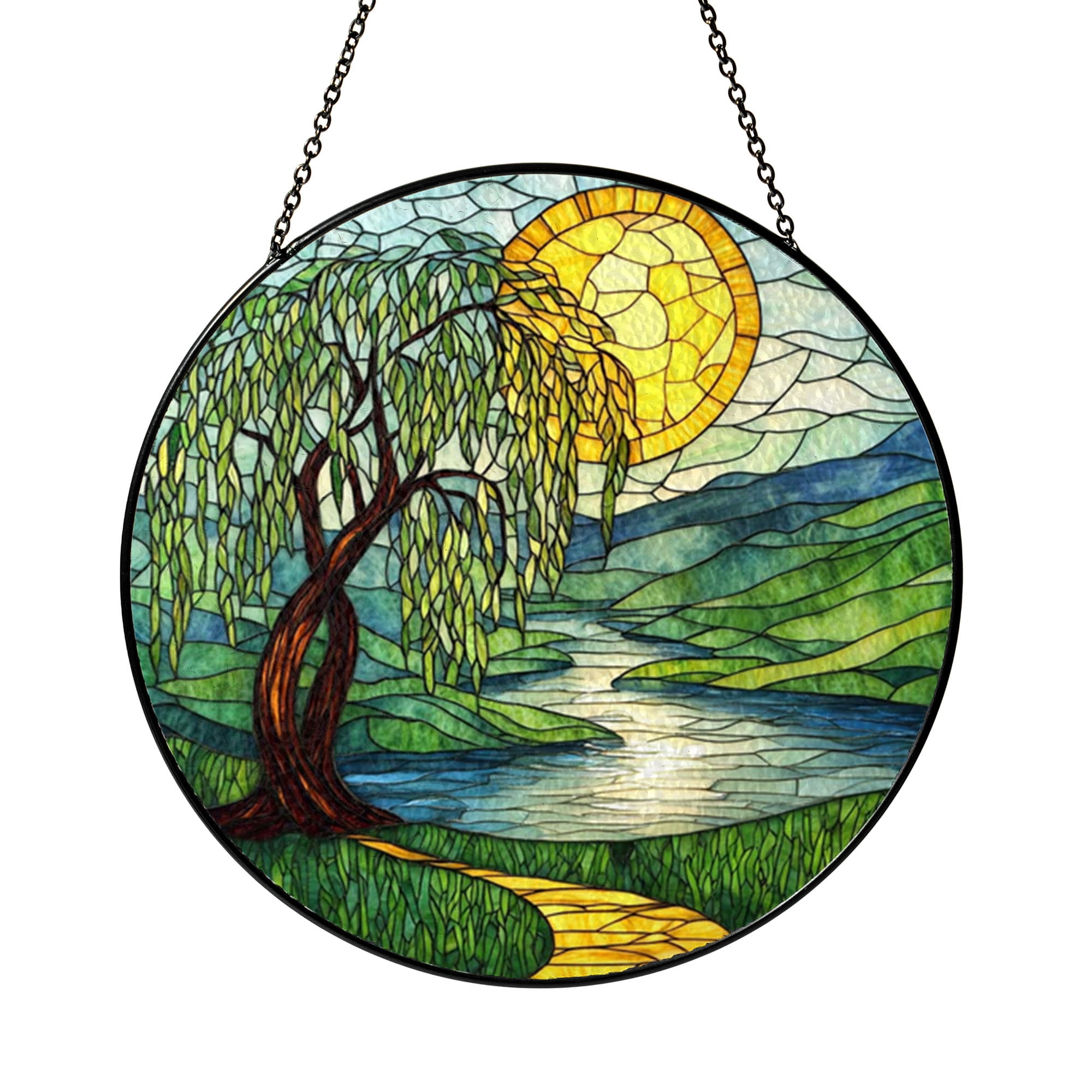 Nature Landscape Window Suncatcher – Round Willow Tree Glass Style ...