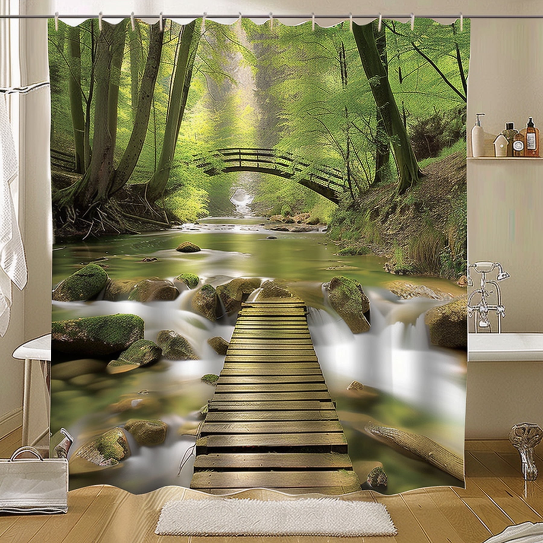 Nature Landscape Wooden Bridge Stream Forest Bathroom Shower Curtain ...