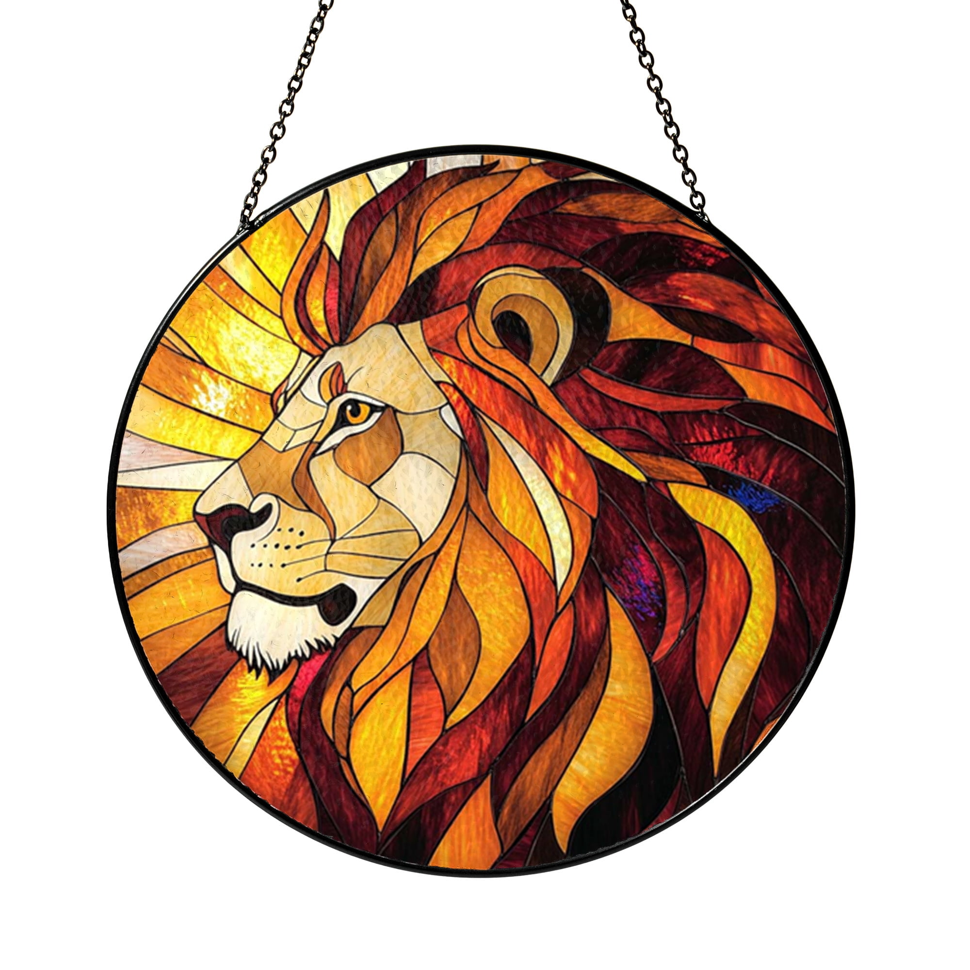 Nature Lion Portrait with Sunrise Stained Glass Style Window Hanging ...