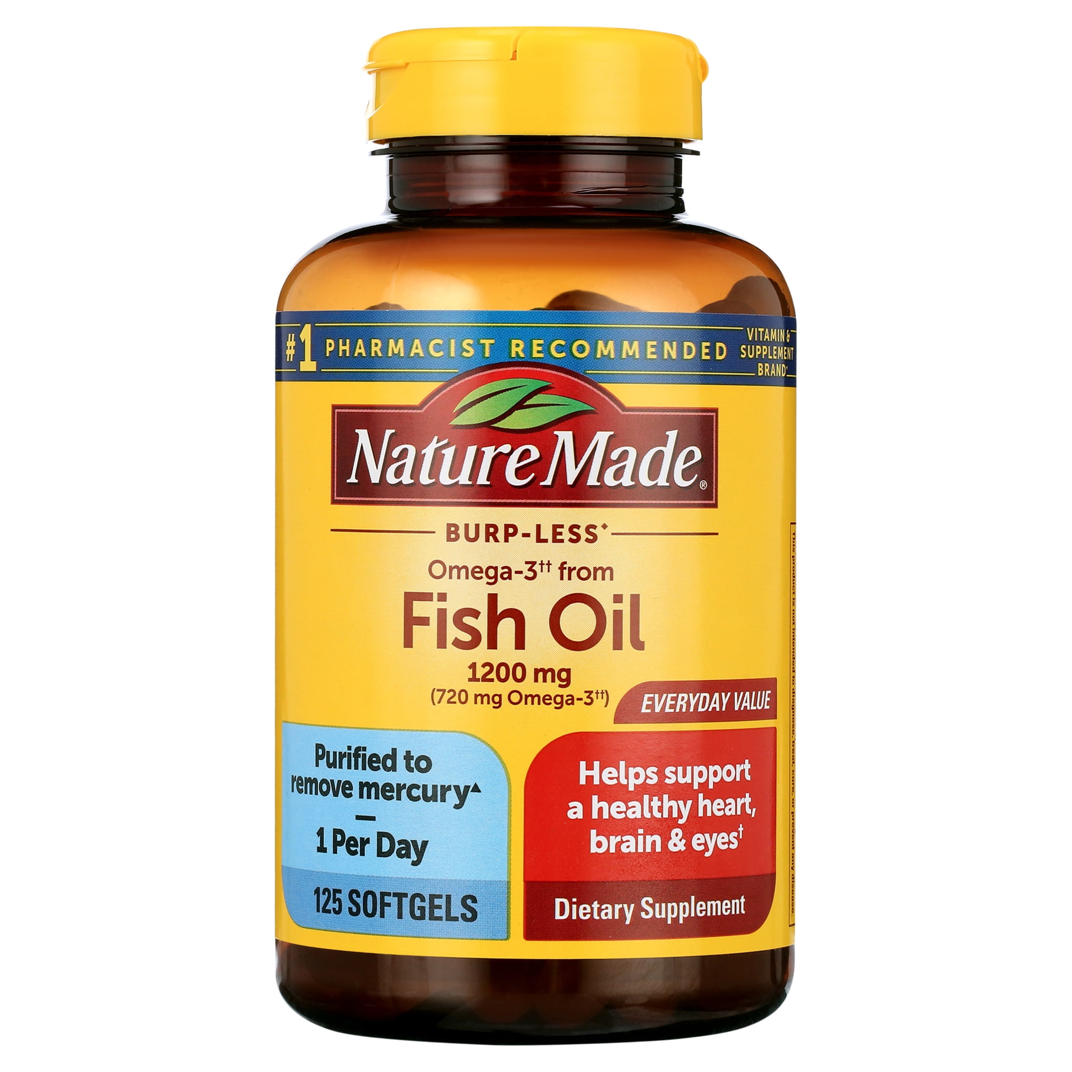 Nature Made Burp Less Omega 3 Fish Oil 1200 mg Softgels, Fish Oil Supplements, 125 Count ...