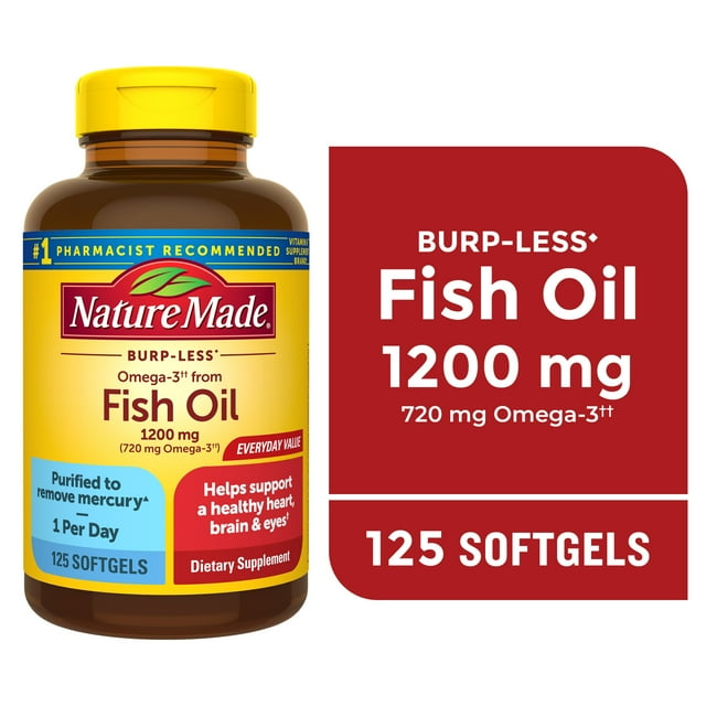 Nature Made Burp Less Omega 3 Fish Oil 1200 mg Softgels, Fish Oil Supplements, 125 Count ...