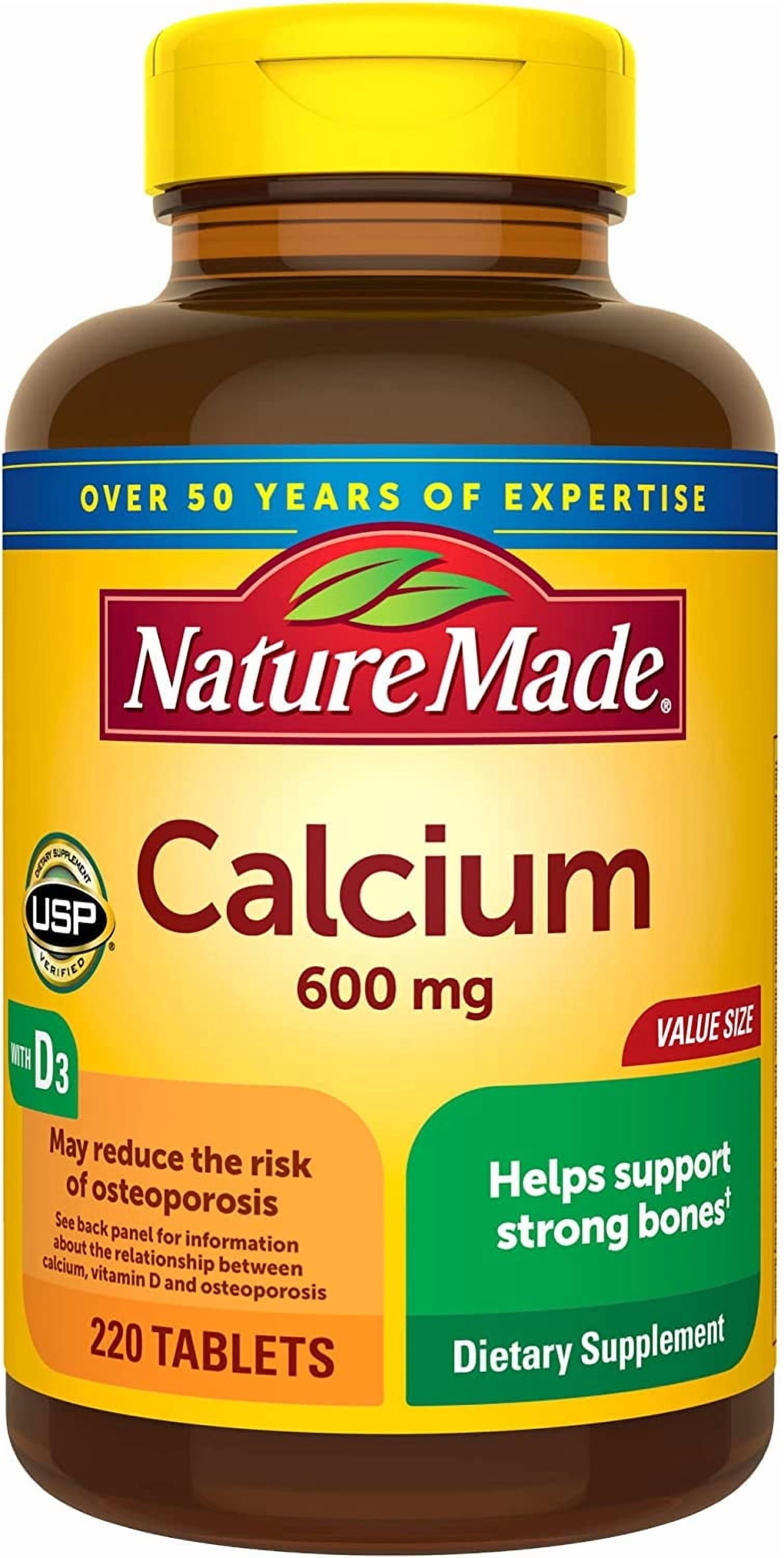 Nature Made Calcium 600mg + Vitamin D3 Pills, Bone Support Dietary Supplement, 220 Tablets ...