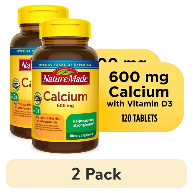 (2 pack) Nature Made Calcium 600 mg with Vitamin D3 Tablets, Dietary Supplement, 120 Count ...