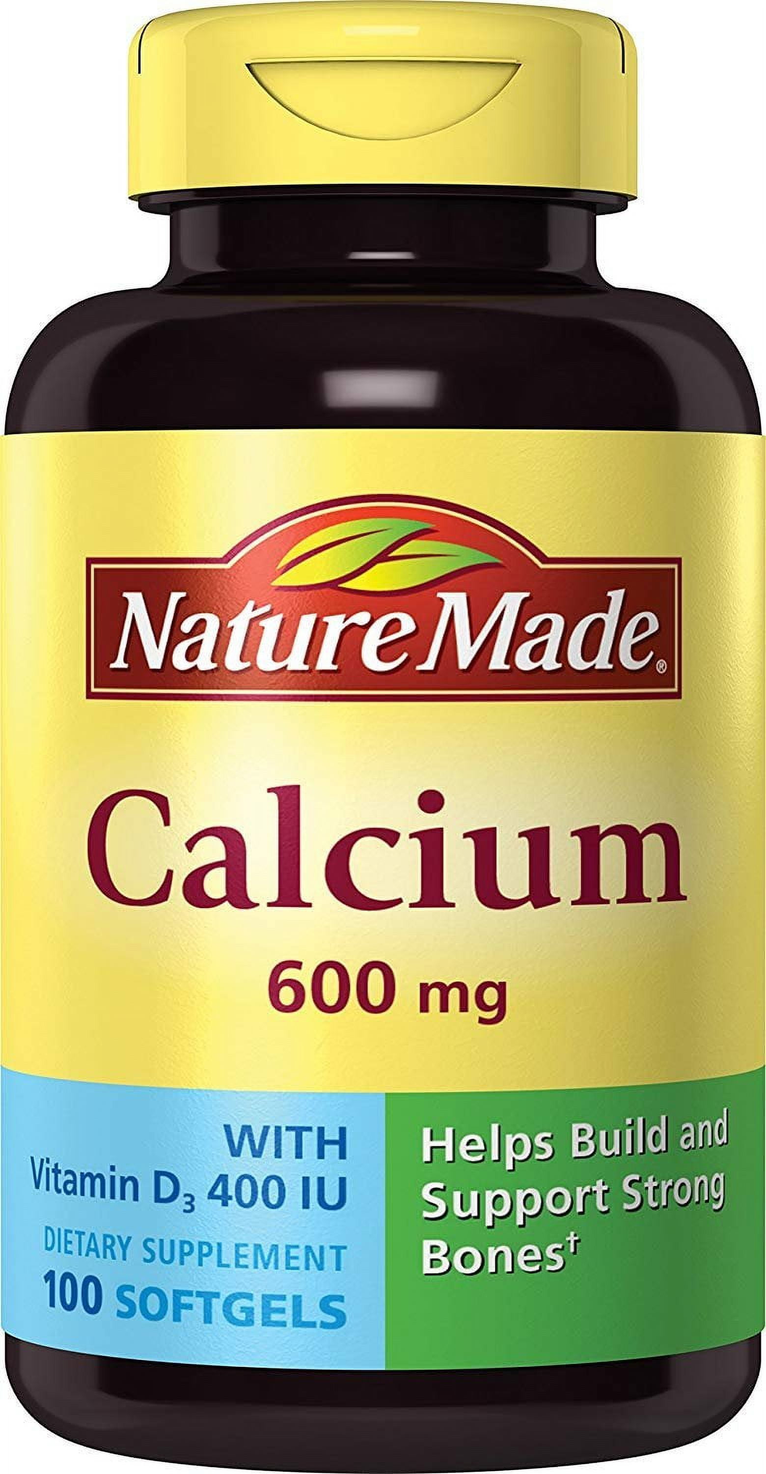Nature Made Calcium 600 mg & Vitamin D3 400 IU, 100 Ct Softgels for Strong Bones & Teeth ...