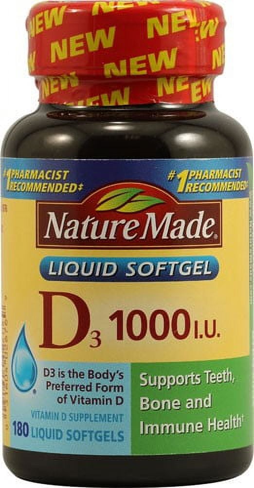 Nature Made Vitamin D3 1000 IU Softgels, 180 Ct for Teeth, Bone, Immune ...