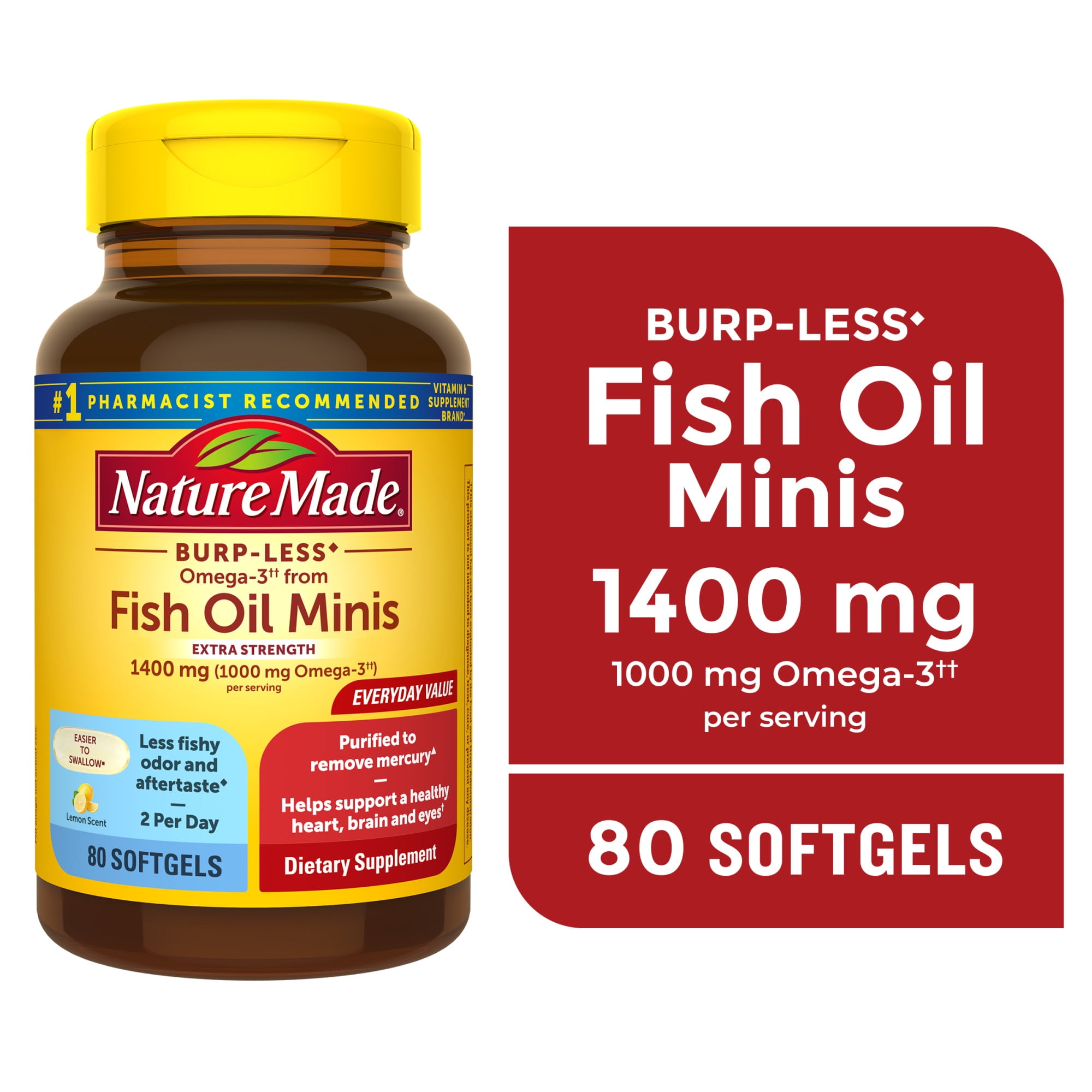 Nature Made Extra Strength Burp Less Omega 3 Fish Oil Supplements 1400 mg Minis Softgels, 80 ...