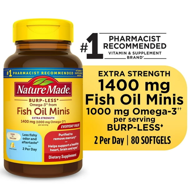 Nature Made Extra Strength Burp Less Omega 3 Fish Oil Supplements 1400 mg Minis Softgels, 80 ...