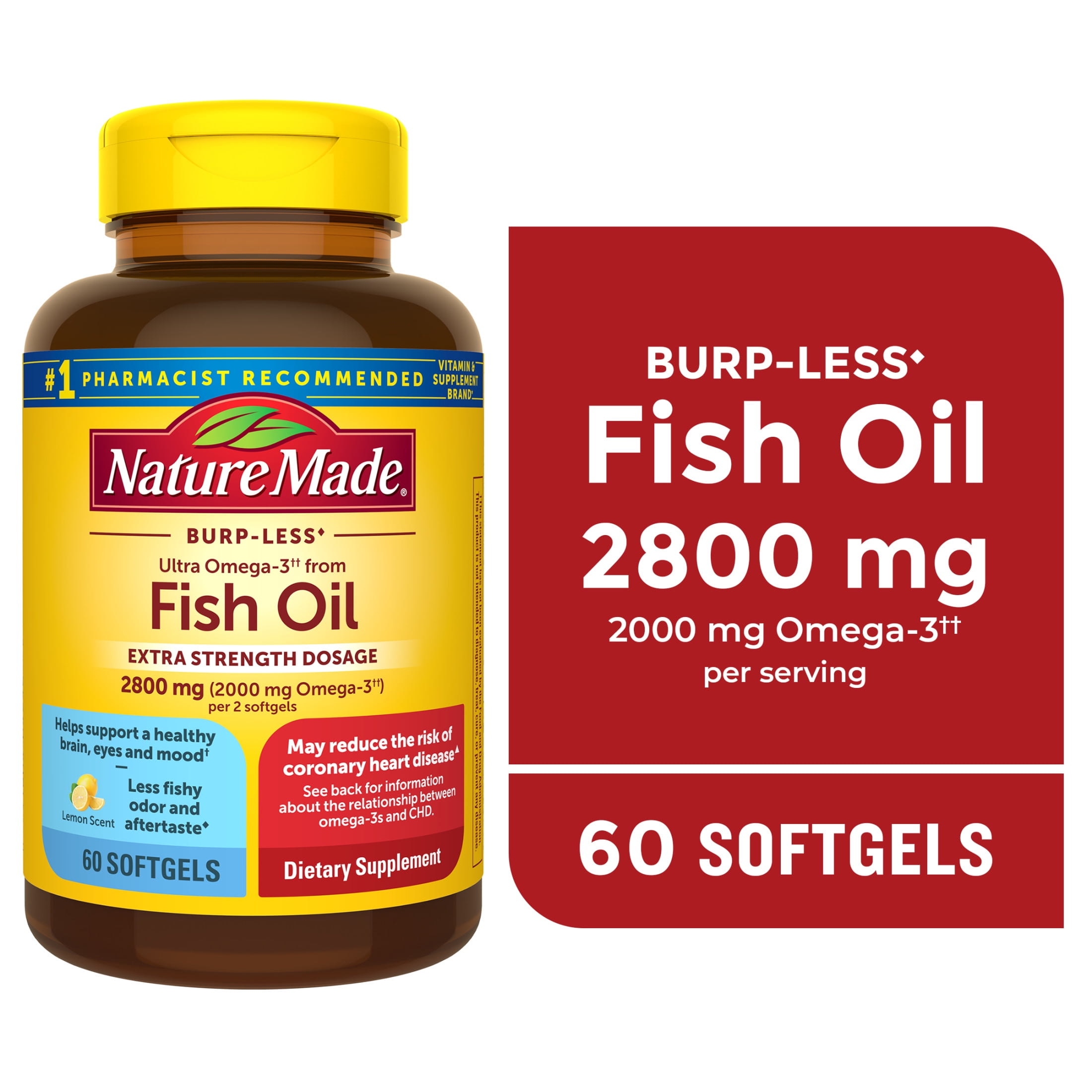Nature Made Burpless Omega 3 Fish Oil, Extra Strength Softgels, 2800 mg ...