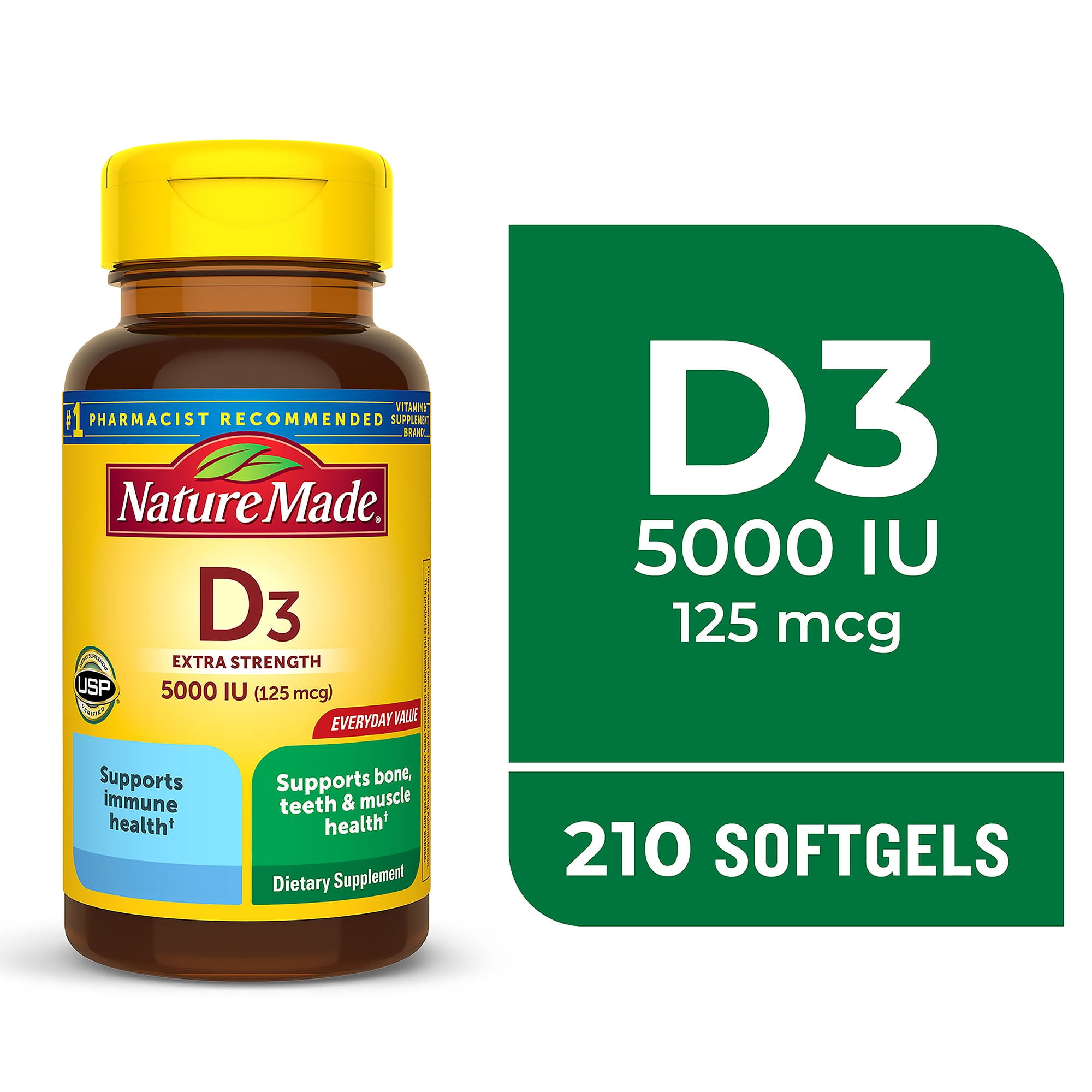 Nature Made Extra Strength Vitamin D3 5000 IU (125 mcg) Softgels ...