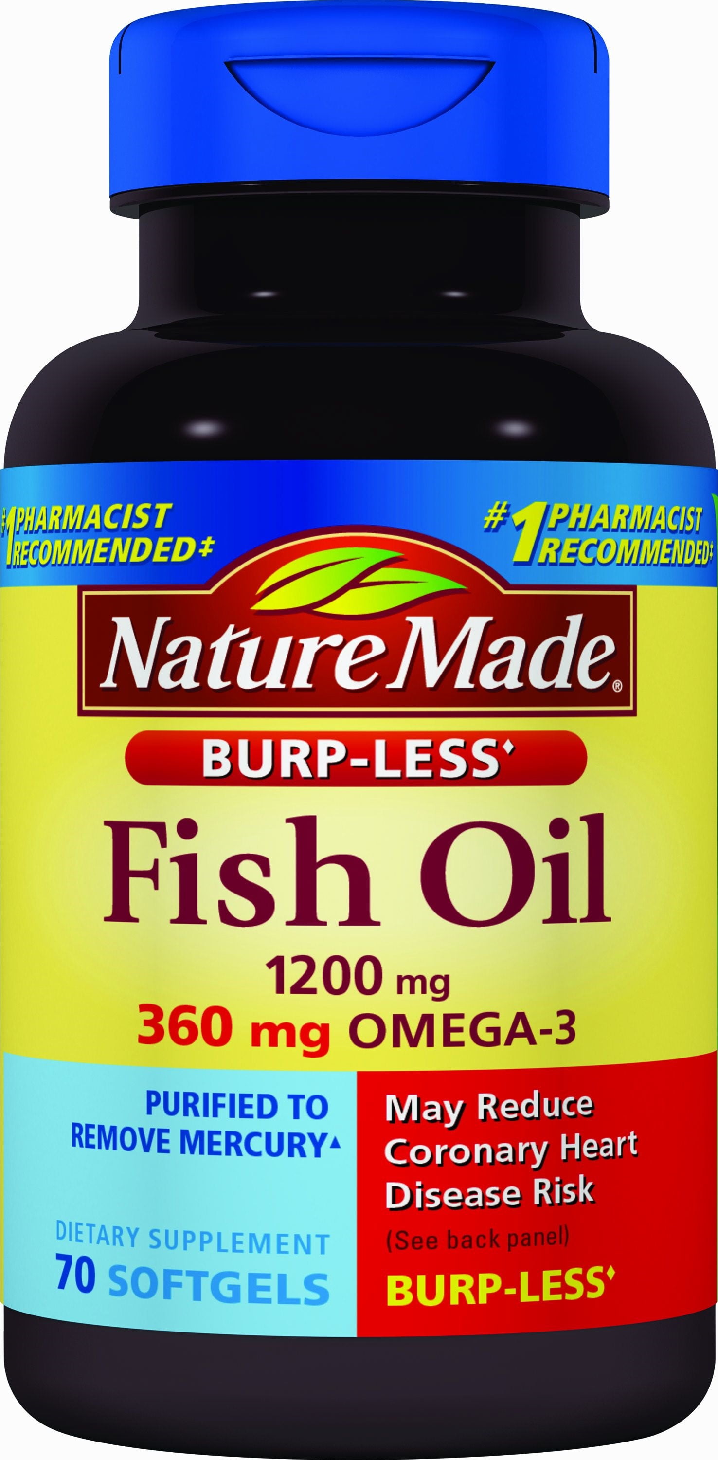 Nature Made Fish Oil 2400mg Burp-less Softgels, 70 Count, Omega 3 ...