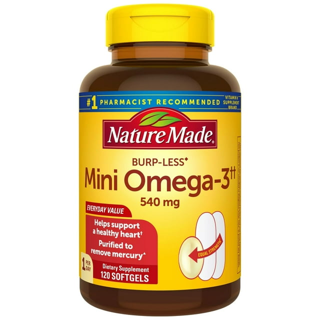 Nature Made Fish Oil Omega-3 540 mg Burp-less Mini Softgels, 120 Count ...