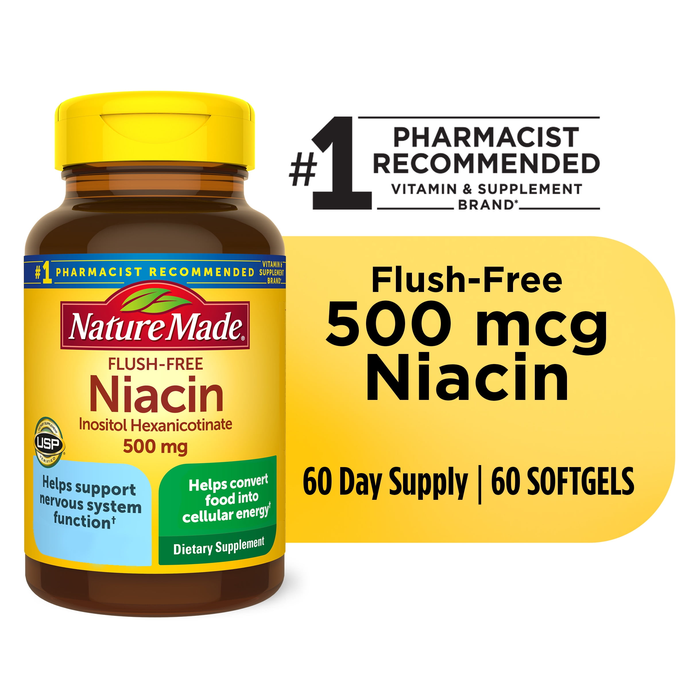 Nature Made Vitamin B3 Niacin 500mg Supplement, Flush-Free, Supports ...